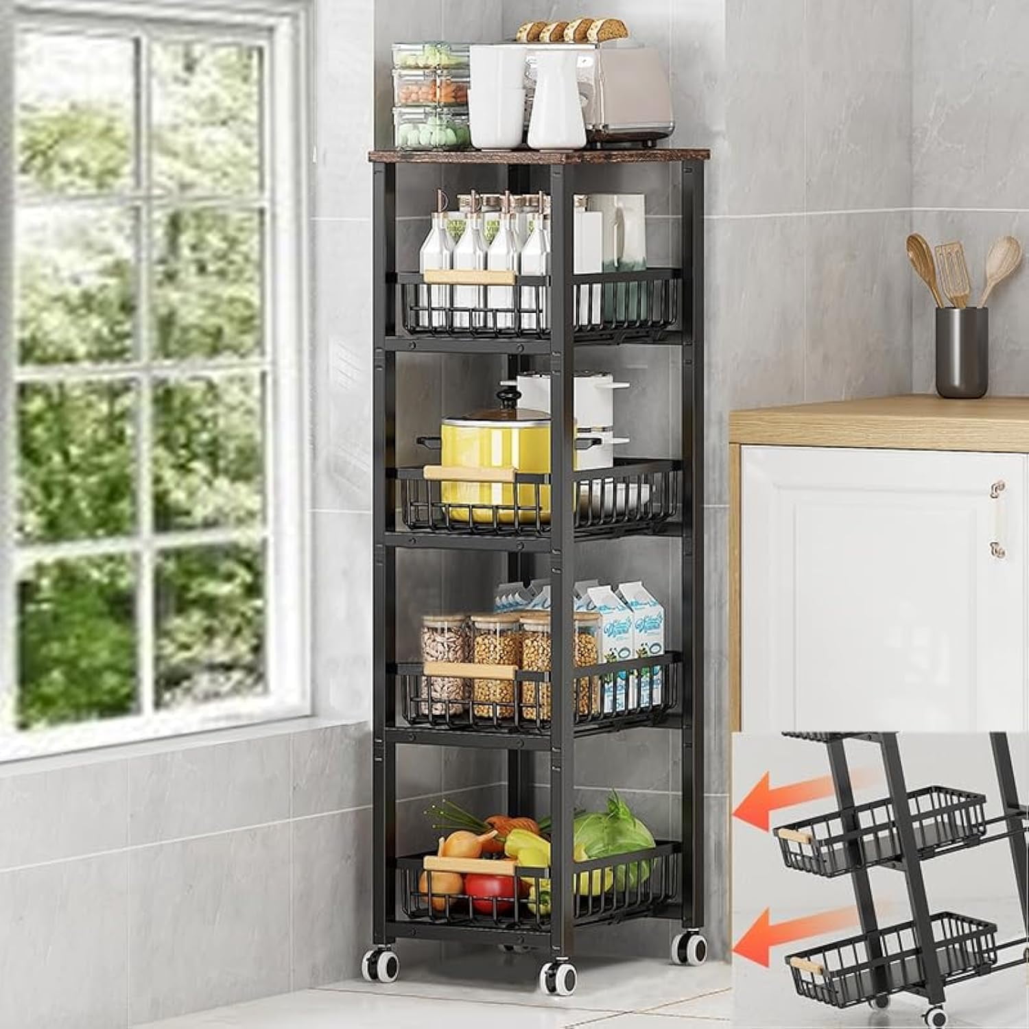 Metal Wire Baskets with Wheels, Stackable Storage Bins Kitchen ...