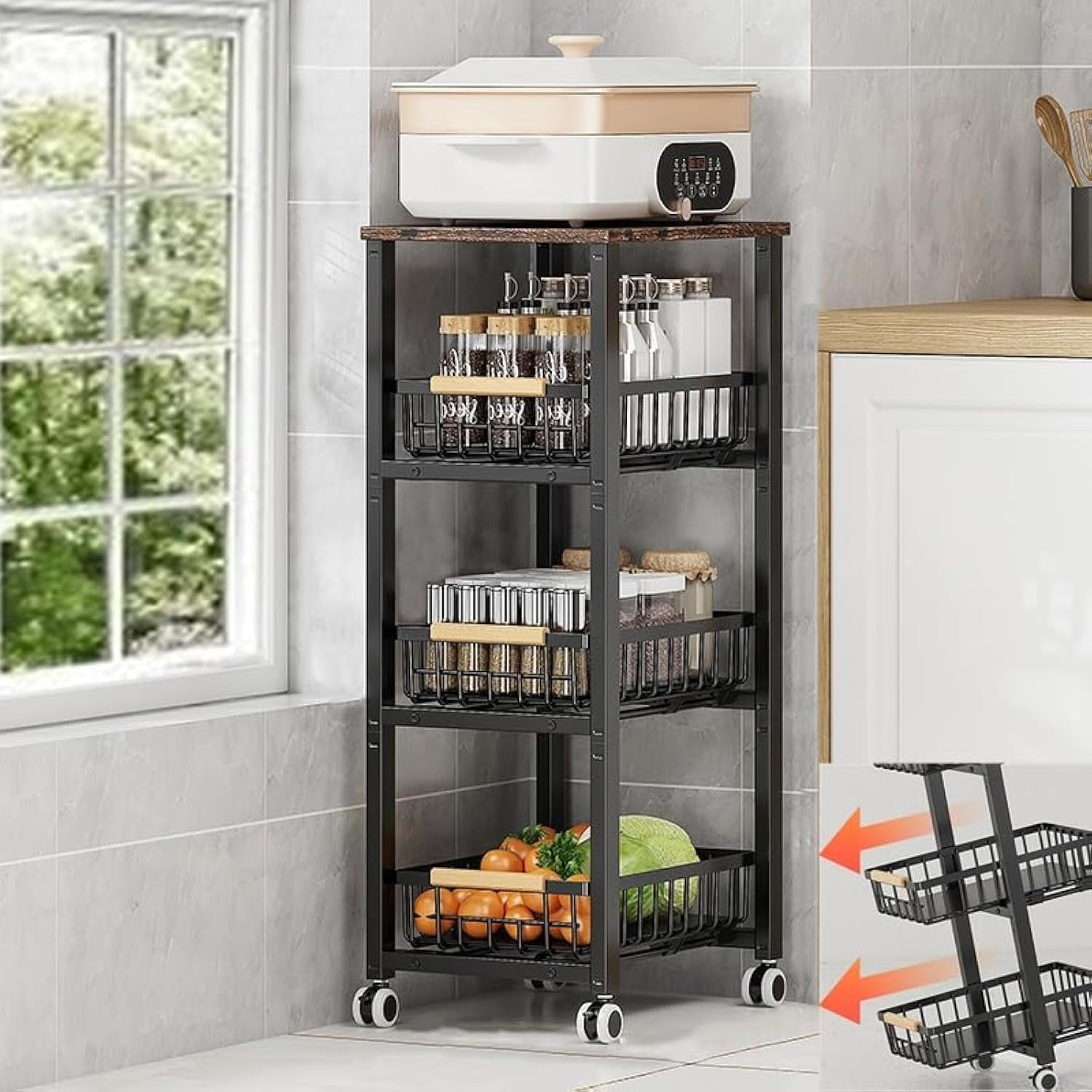 Metal Wire Baskets with Wheels, Stackable Storage Bins Kitchen ...