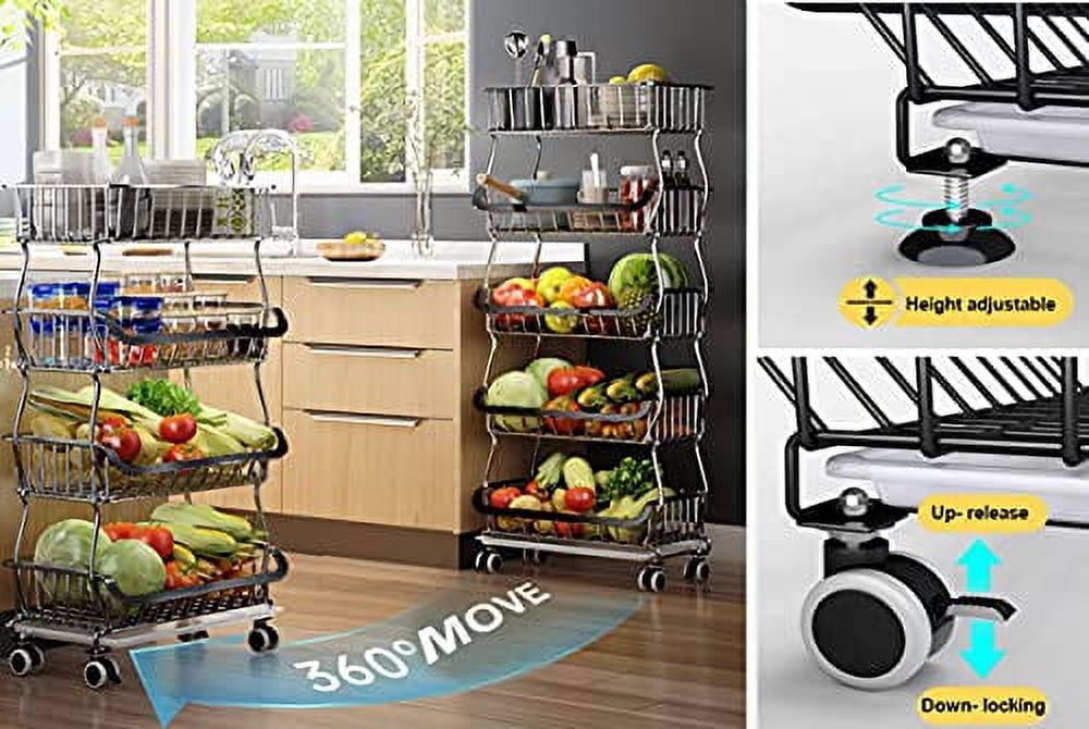 Metal Wire Baskets With Wheels 5 Tier Stackable Fruit Vegetable Basket ...