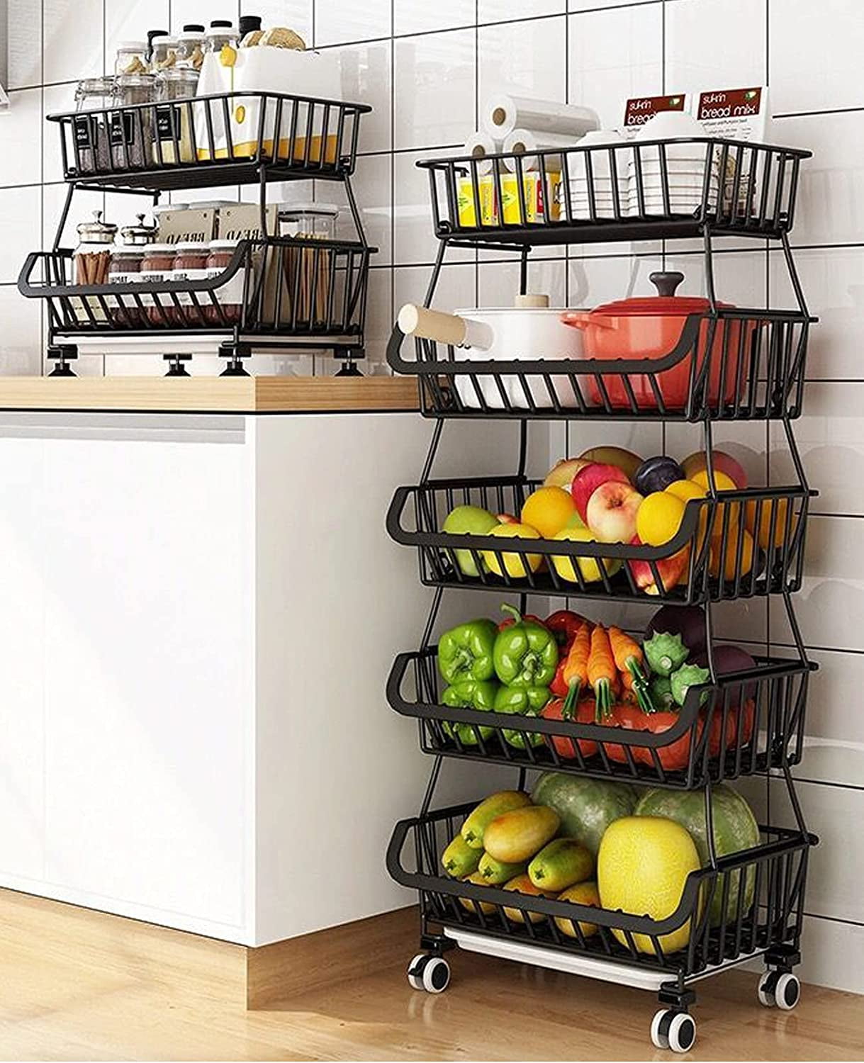 Metal Wire Baskets With Wheels 5 Tier Stackable Fruit Vegetable Basket ...