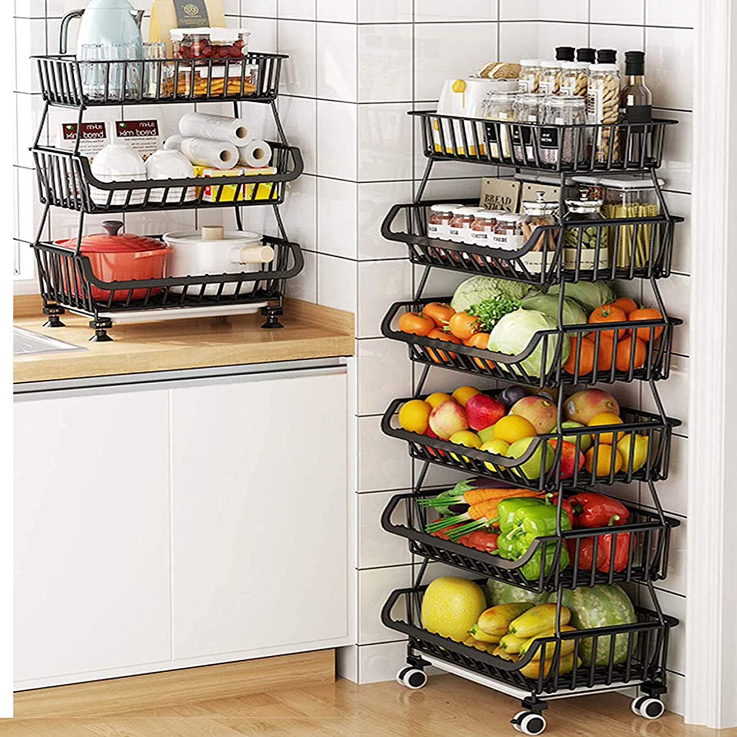 Metal Wire Baskets With Wheels 6 Tier Stackable Fruit Vegetable Basket ...