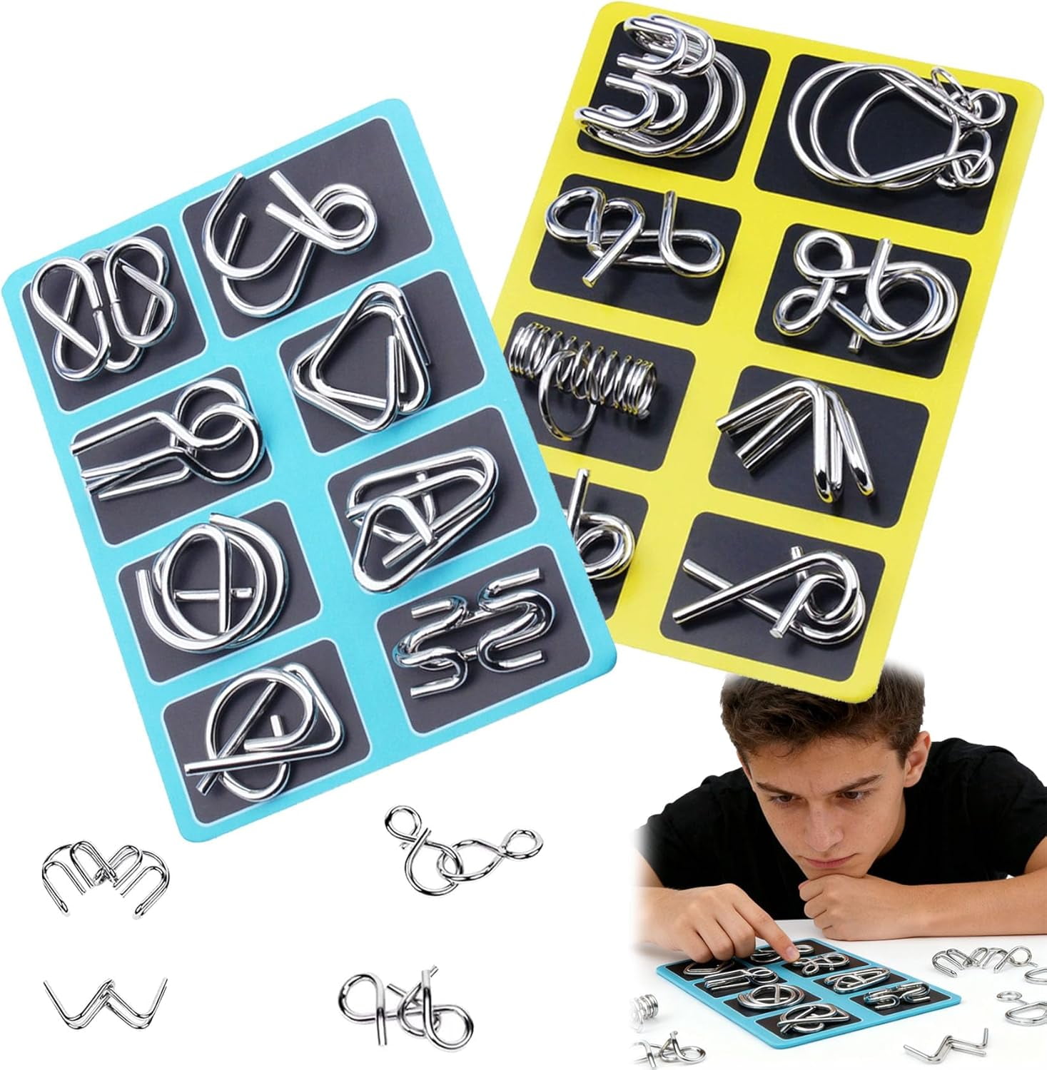 Metal Wire Brain Teaser Puzzle Set, 3D Disentanglement IQ Logic Game ...