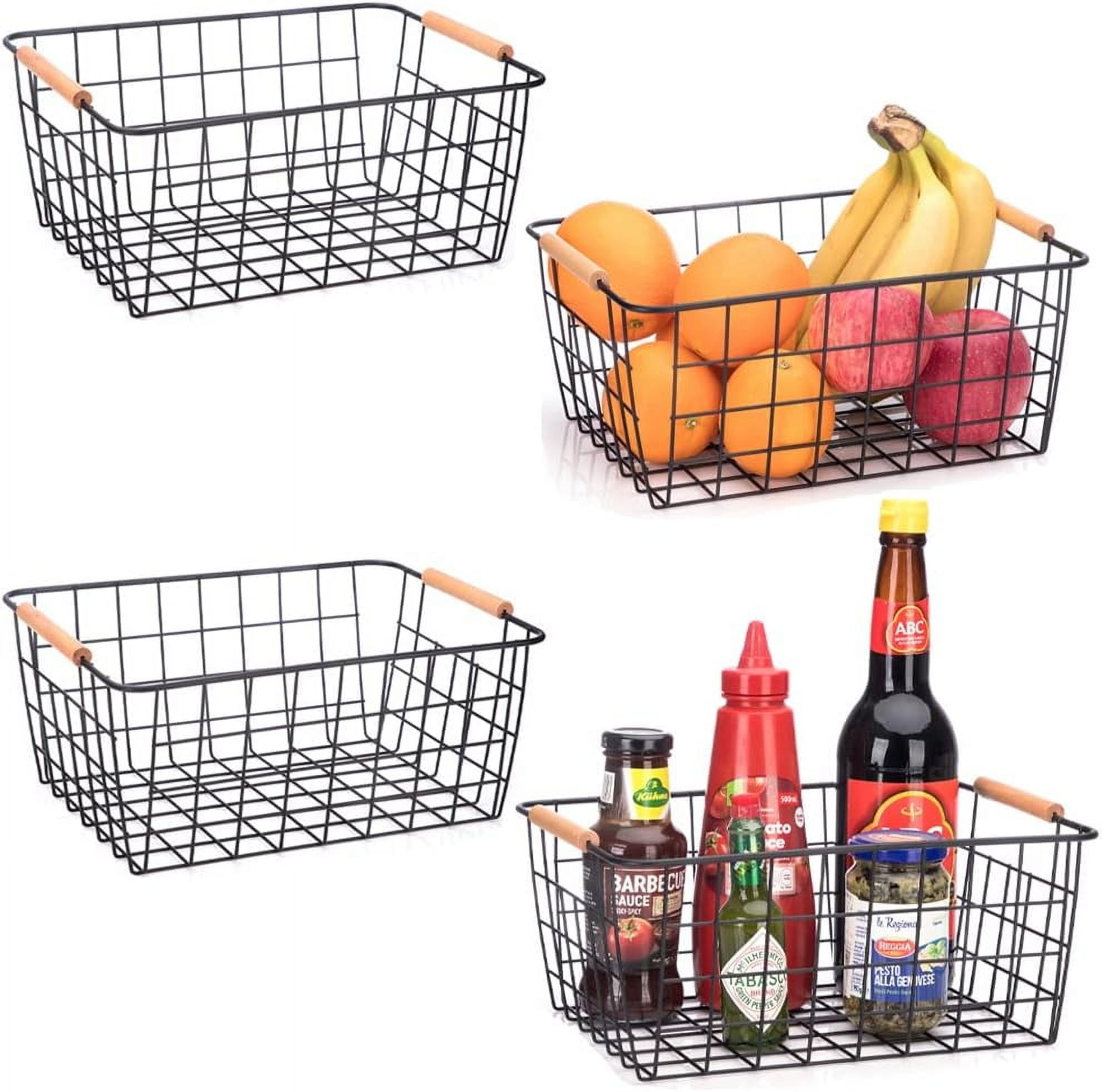 Metal Wire Food Storage Basket Organizer with Wooden Handles for ...