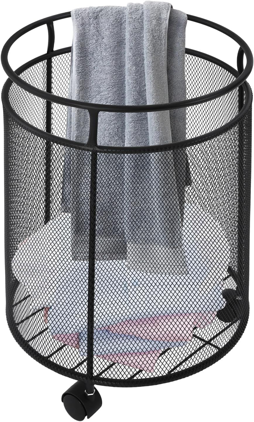 Metal Wire Laundry Basket with Wheels, Rolling Mesh Laundry Cart,Round Iron Laundry Hamper,for ...