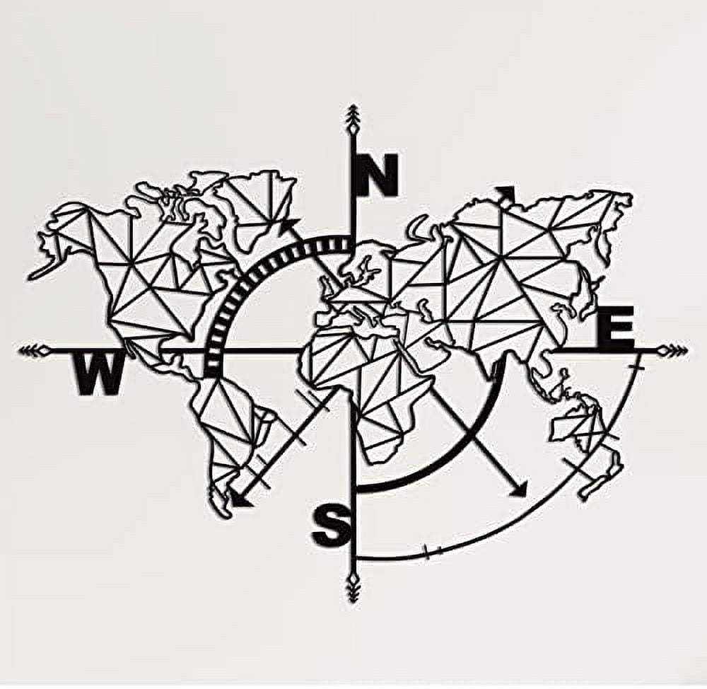 Metal World Map Wall Art Geometric Compass, Metal Wall Decor Art Work ...