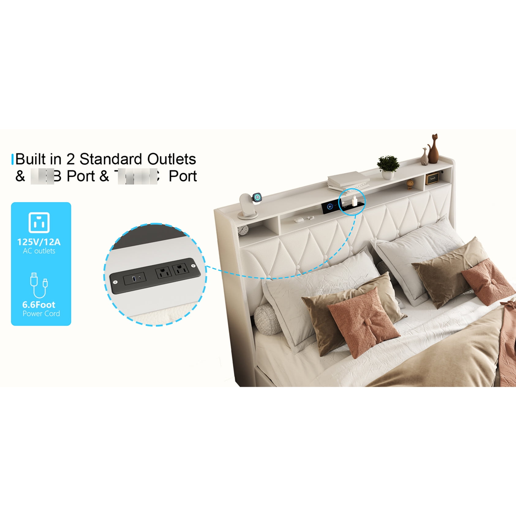 Metal bed frame with ergonomic headrest / Keep essentials within reach ...