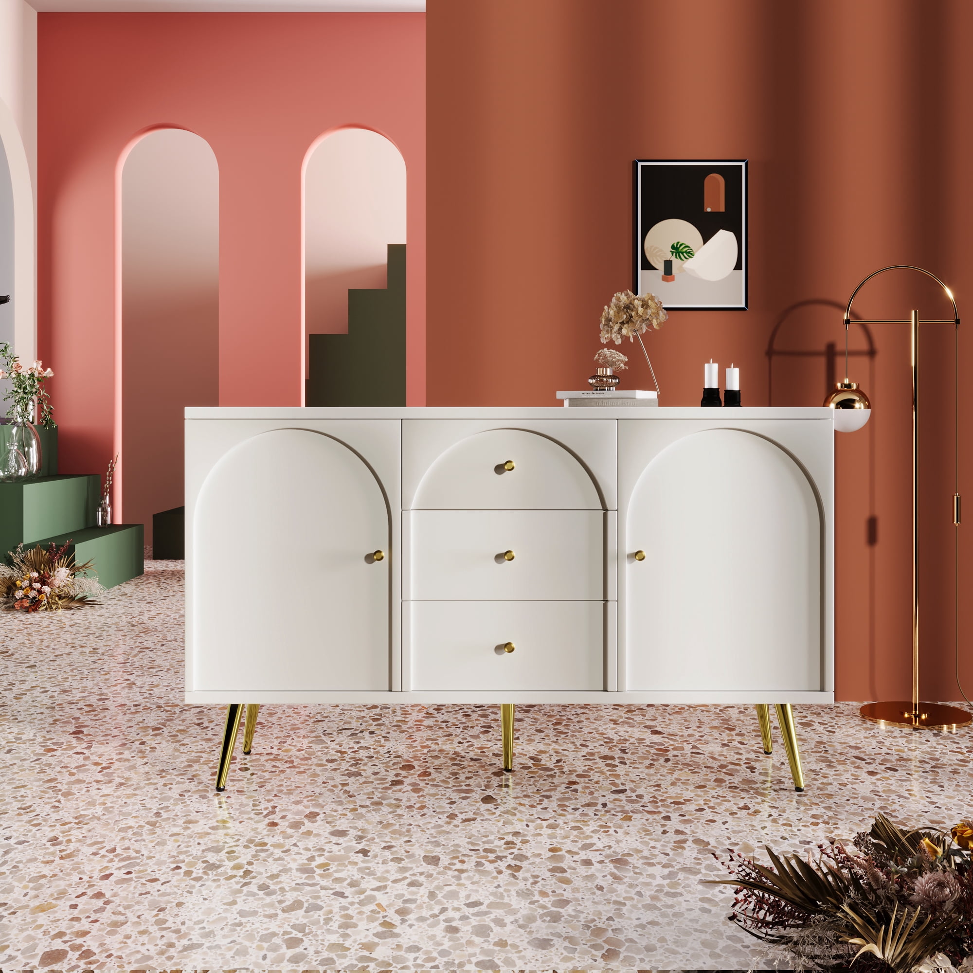 Metal foot three drawer two door dining cabinet, combining high-quality ...