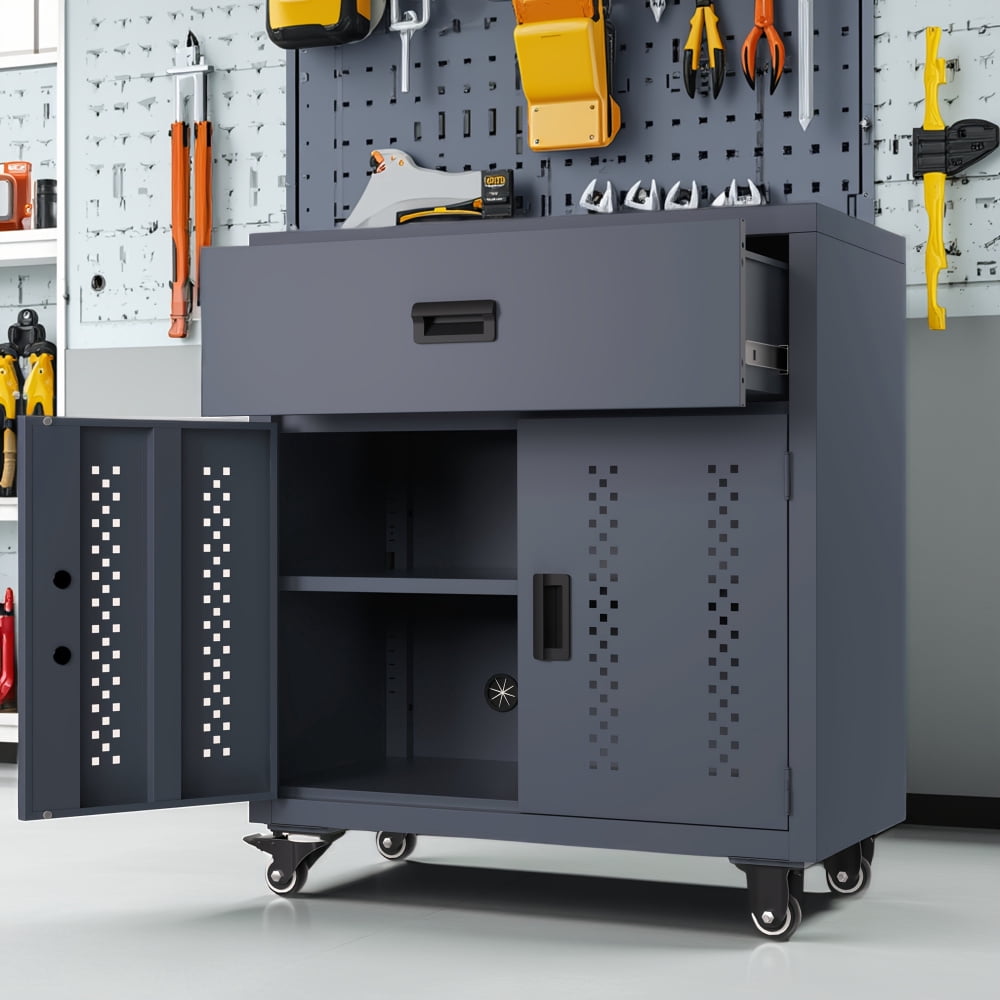 Metal garage storage cabinet with lockable door and adjustable shelves ...