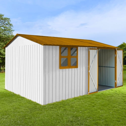 Metal garden sheds 10ftx12ft outdoor storage sheds white+yellow with ...