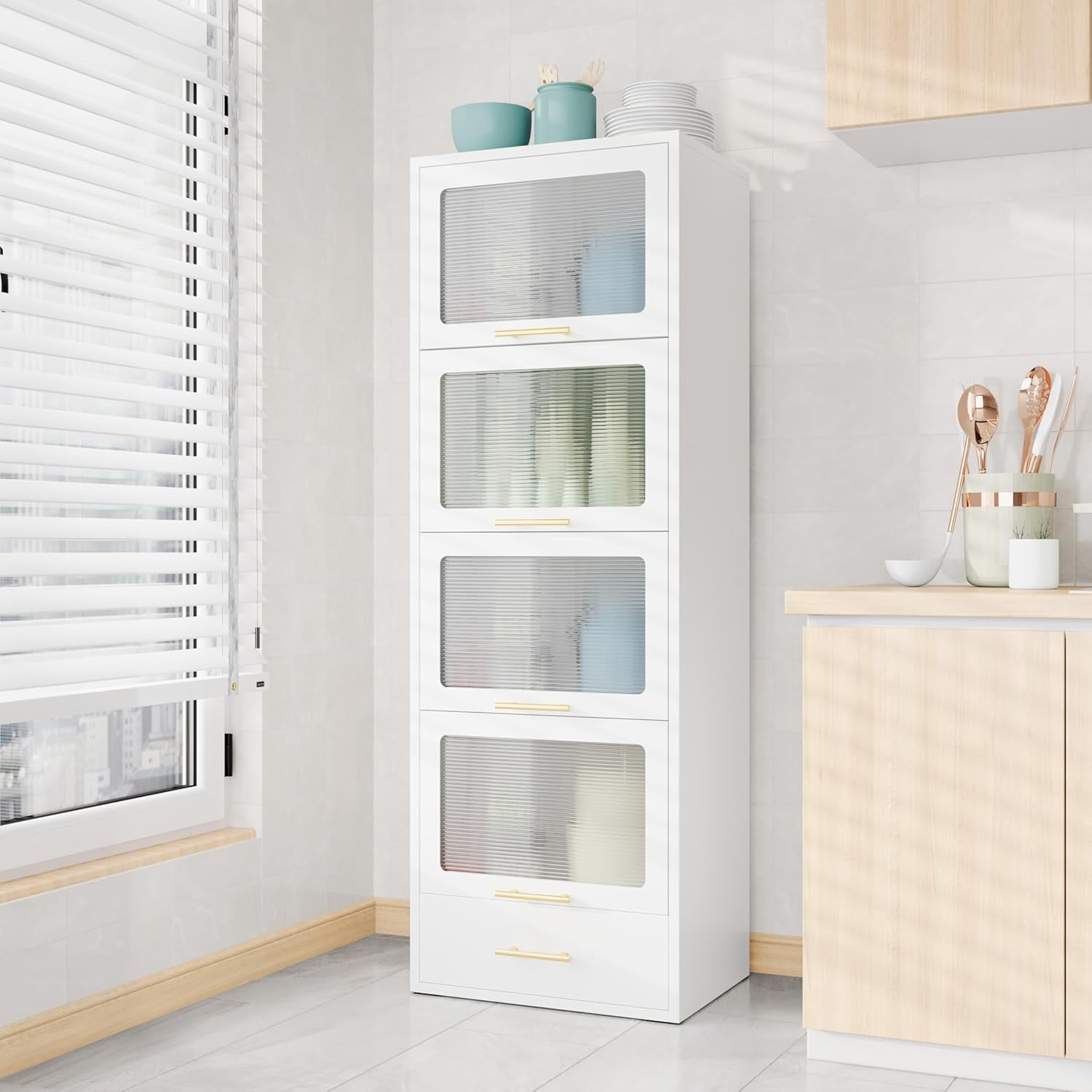 Metal Kitchen Storage Cabinet with Transparent Flip Door & Storage ...