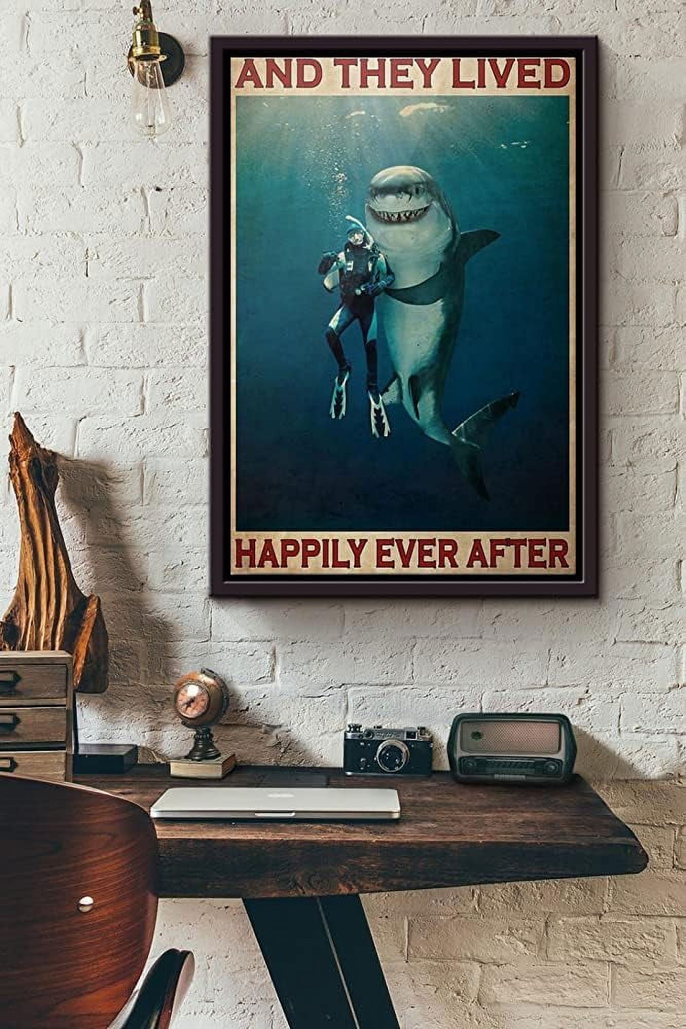 Metal tin Sign Plaque Diver and Shark and They Lived Happily Ever Retro ...