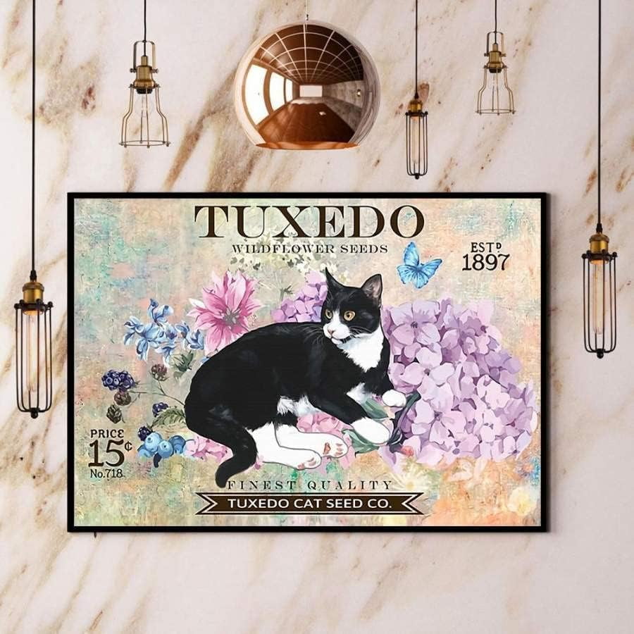 Metal tin Sign Plaque Tuxedo Cat Wildflower Seeds Retro Metal Tin Signs ...