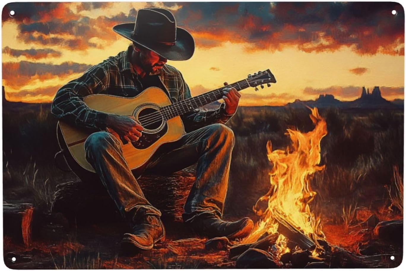Metal tin sign Cowboys playing guitar around a campfire,Classics art ...