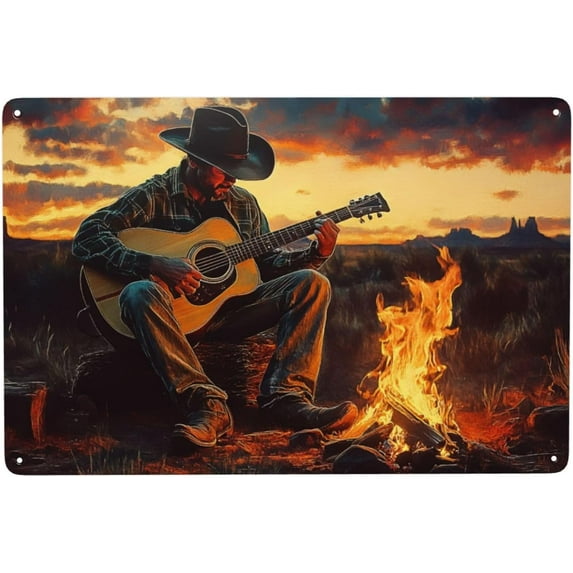 Metal tin sign Cowboys playing guitar around a campfire,Classics art ...
