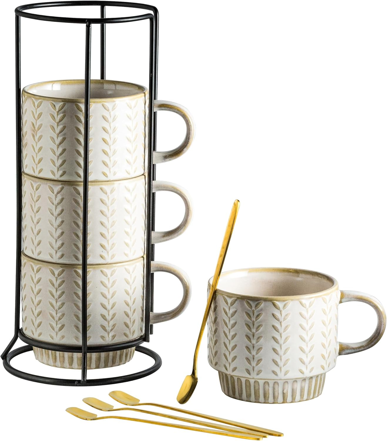 MetalM Coffee Mugs Set of 4 with Spoons & Stand, Stackable Espresso ...