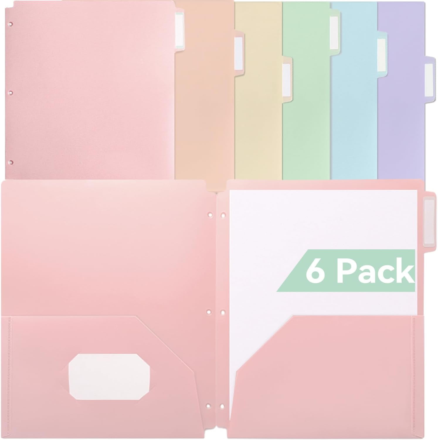 MetalM Plastic Folders with Pockets 3 Hole Punched, 6 Pack Pastel ...