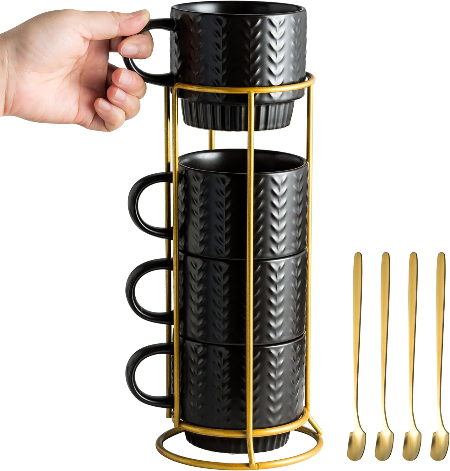 MetalM Stackable Coffee Mugs, Coffee Mug Set of 4 with Spoons & Stand ...