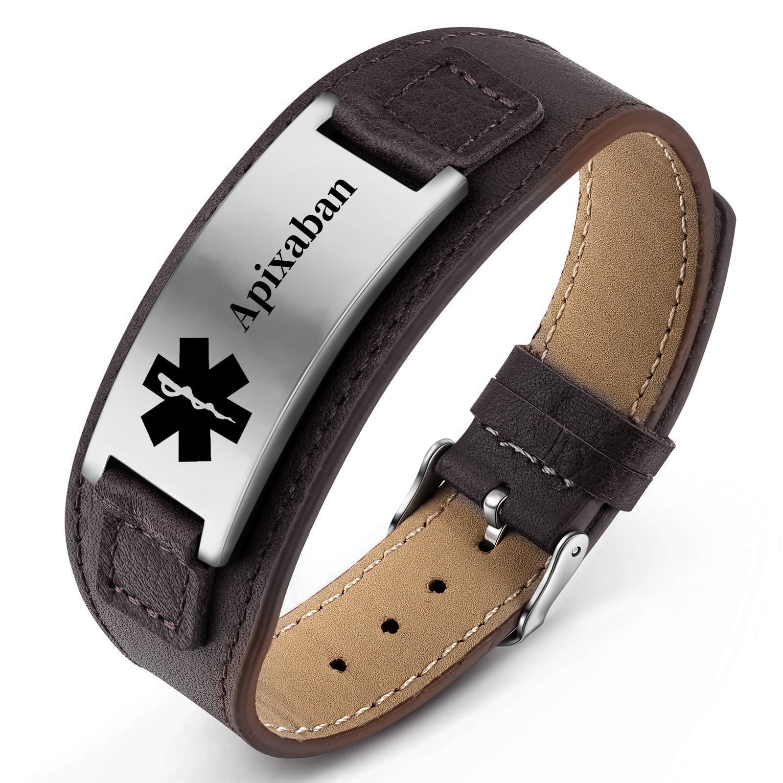 Metaljc Leather Medical Alert ID Bracelet for Men, Engraved Apixaban ...