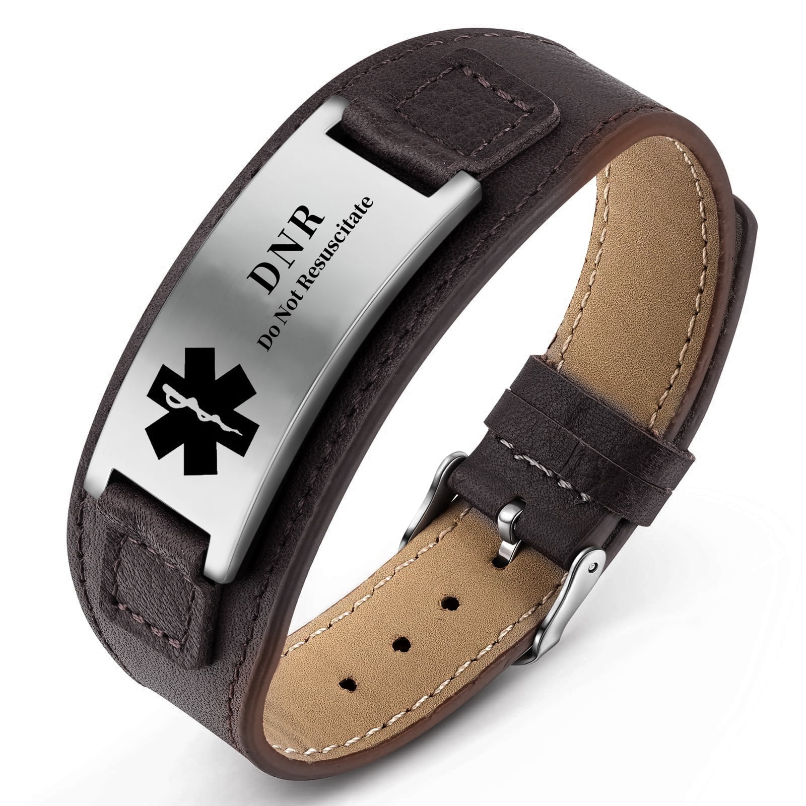 Metaljc Leather Medical Alert ID Bracelet for Men, Engraved DNR Do Not ...