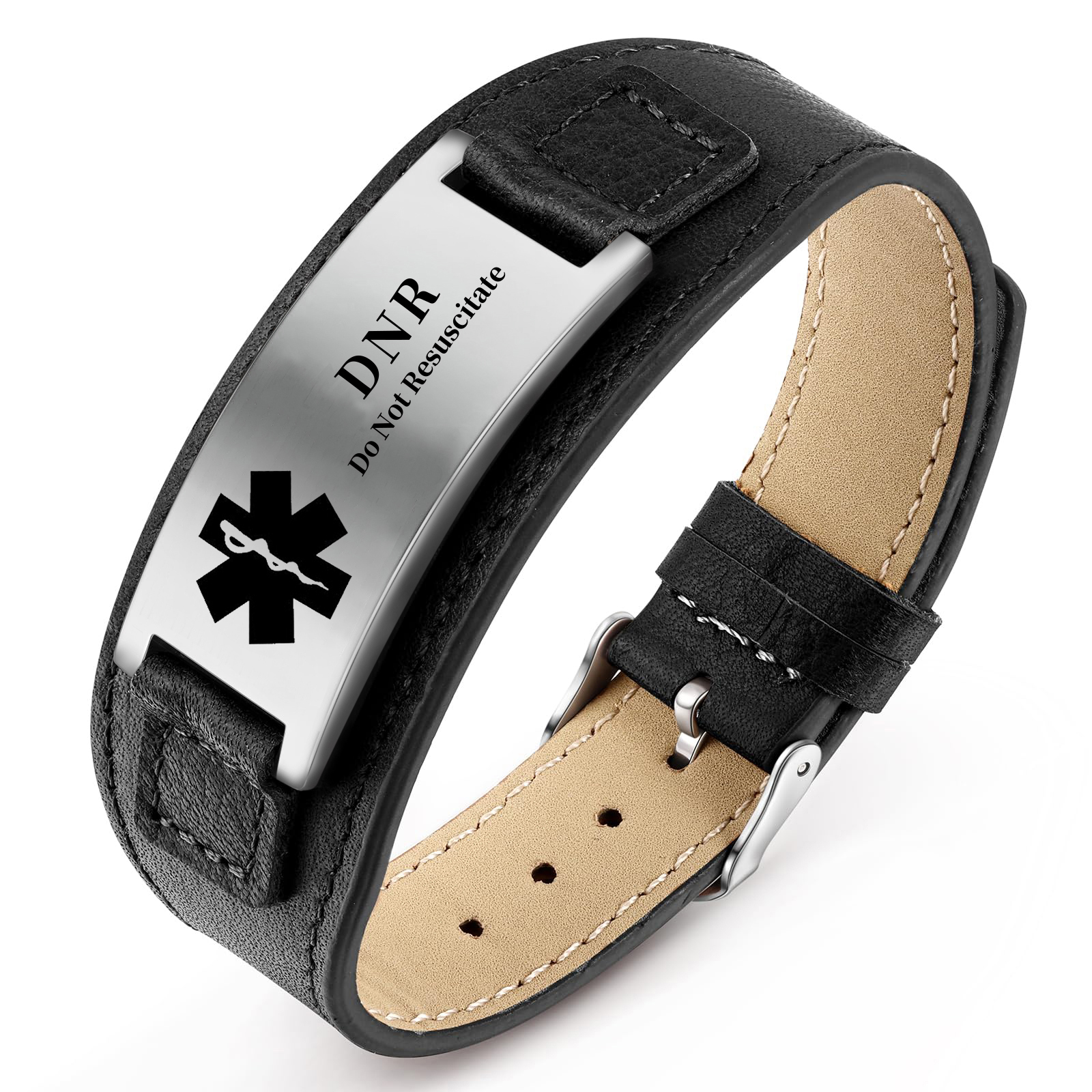 Metaljc Leather Medical Alert ID Bracelet for Men, Engraved DNR Do Not ...