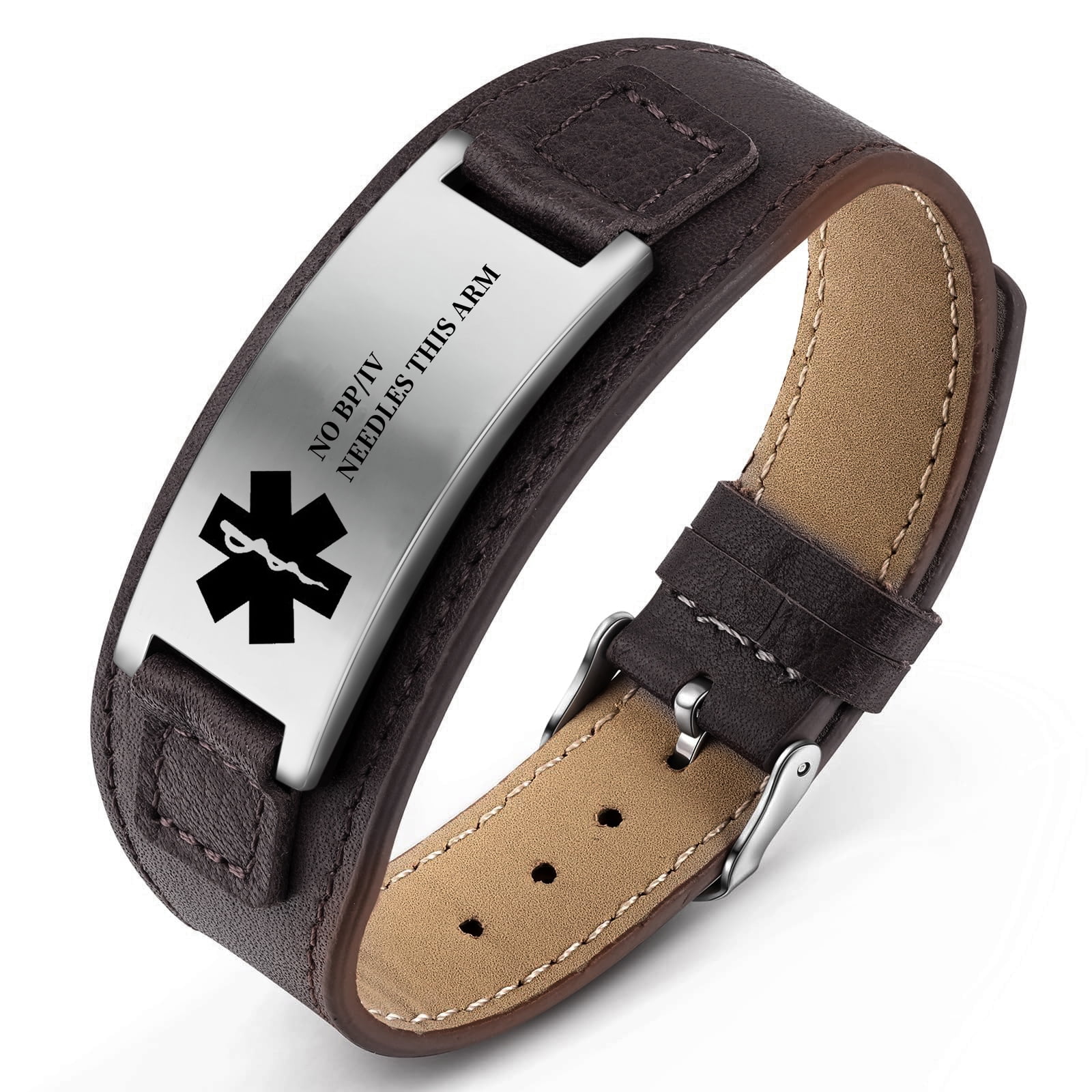 Metaljc Leather Medical Alert ID Bracelet for Men, Engraved No BP/IV ...