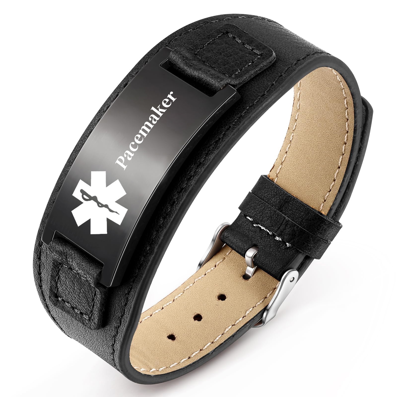Metaljc Leather Medical Alert ID Bracelet for Men, Engraved Pacemaker ...