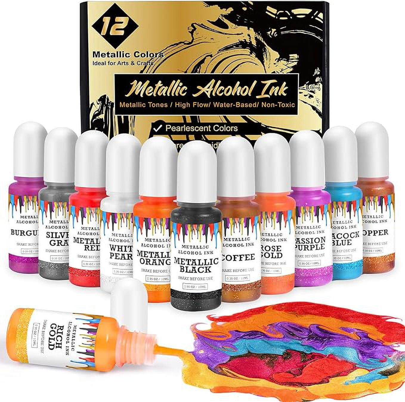 Metallic Alcohol Ink Set-12 Metal Colors Alcohol Ink,Metallic Alcohol Inks for Epoxy Resin ...