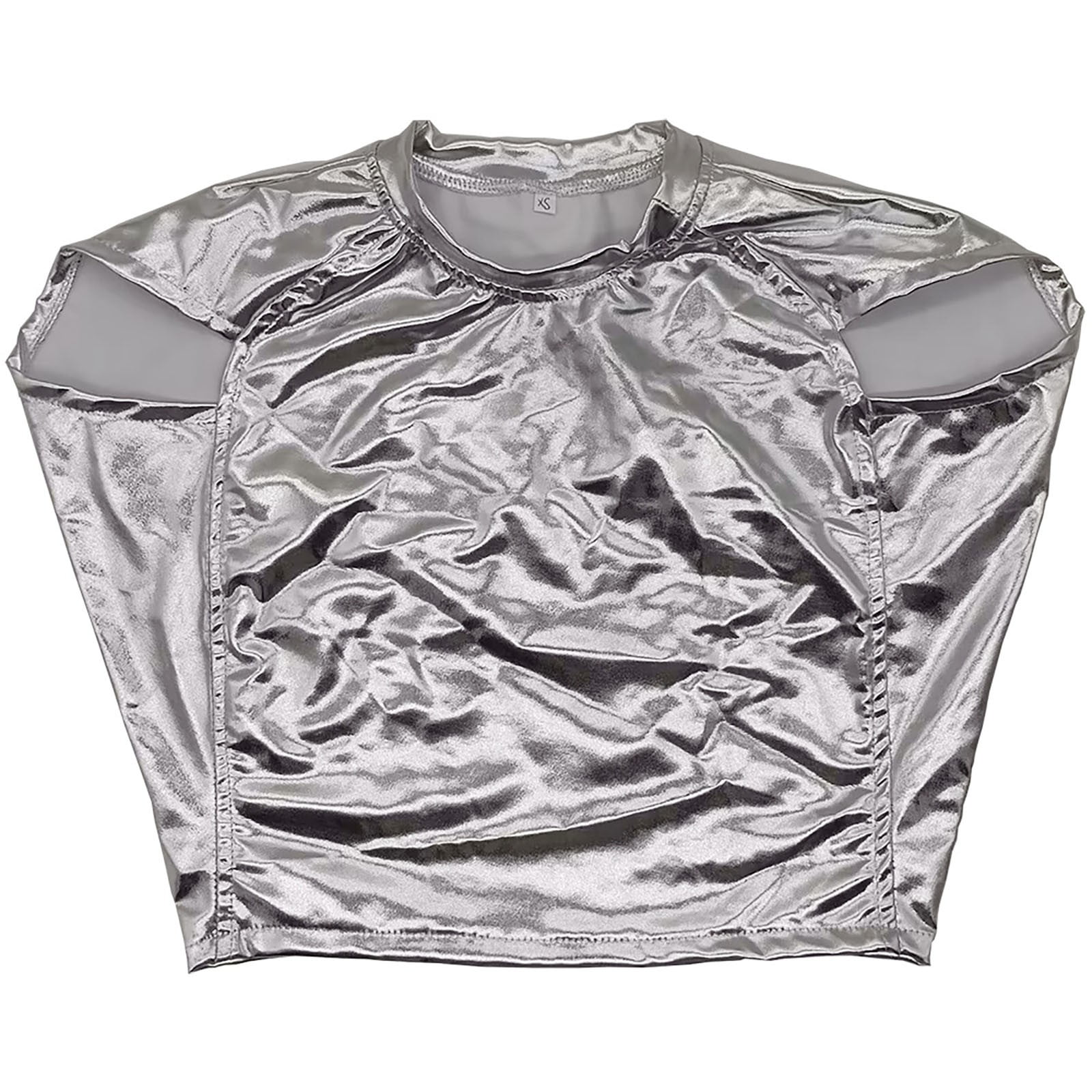 Metallic Dance Tops for Girls Short Sleeve Cropped Y2K Top Shiny Disco ...