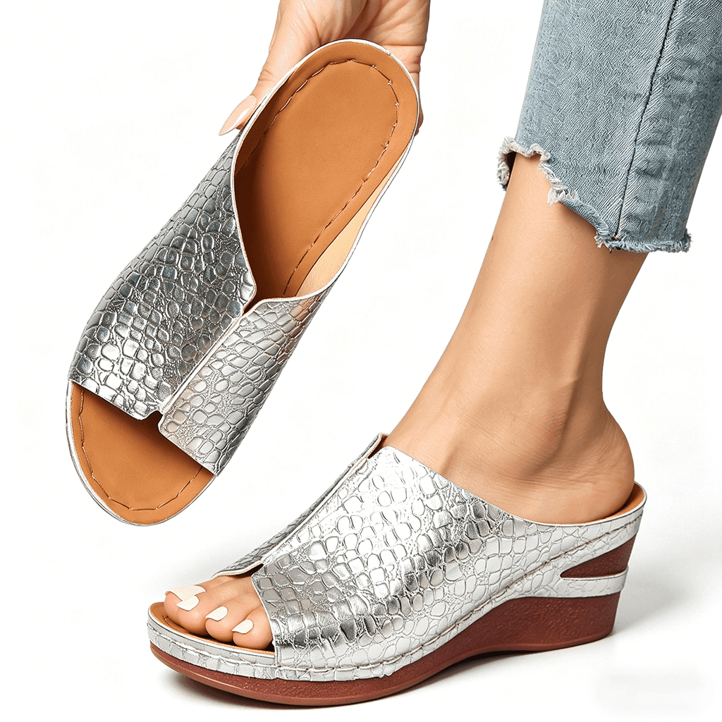 Metallic Faux Leather Wedge Sandals for Women, Open Toe Slip On ...