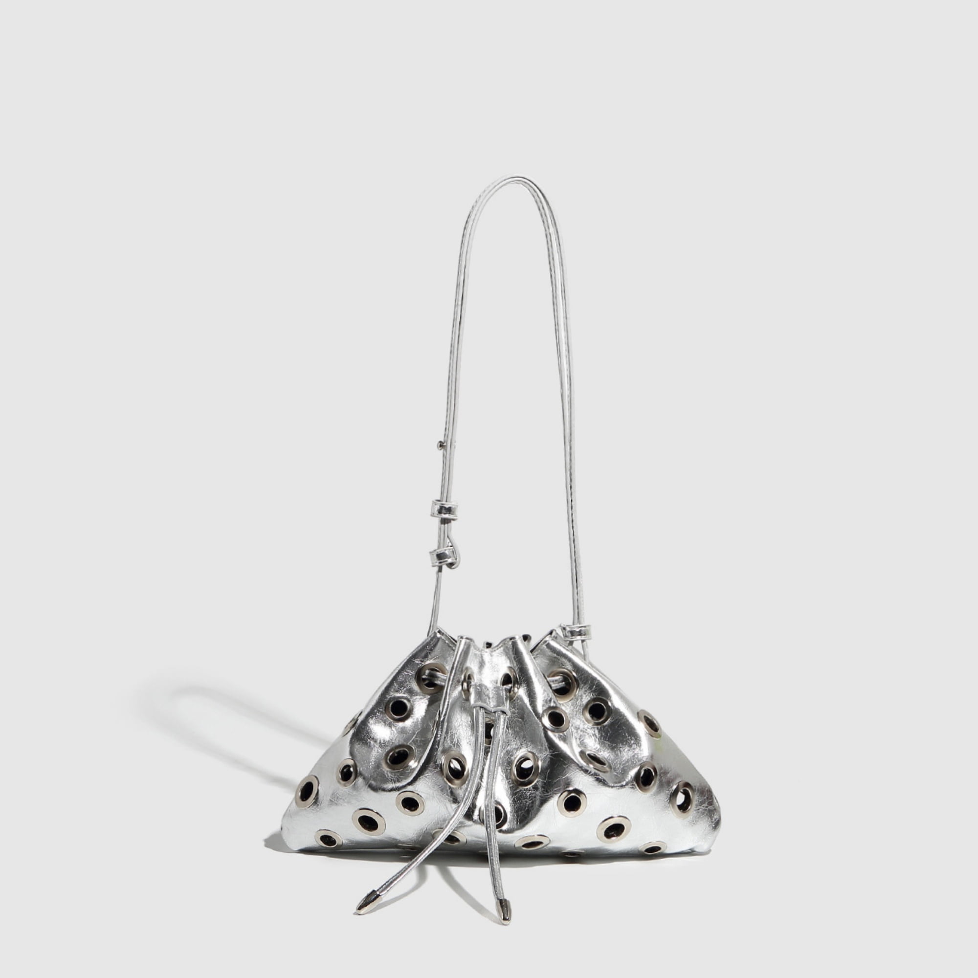 Metallic Finish Crossbody Bucket Bag with Studded Rivets & Grommet ...