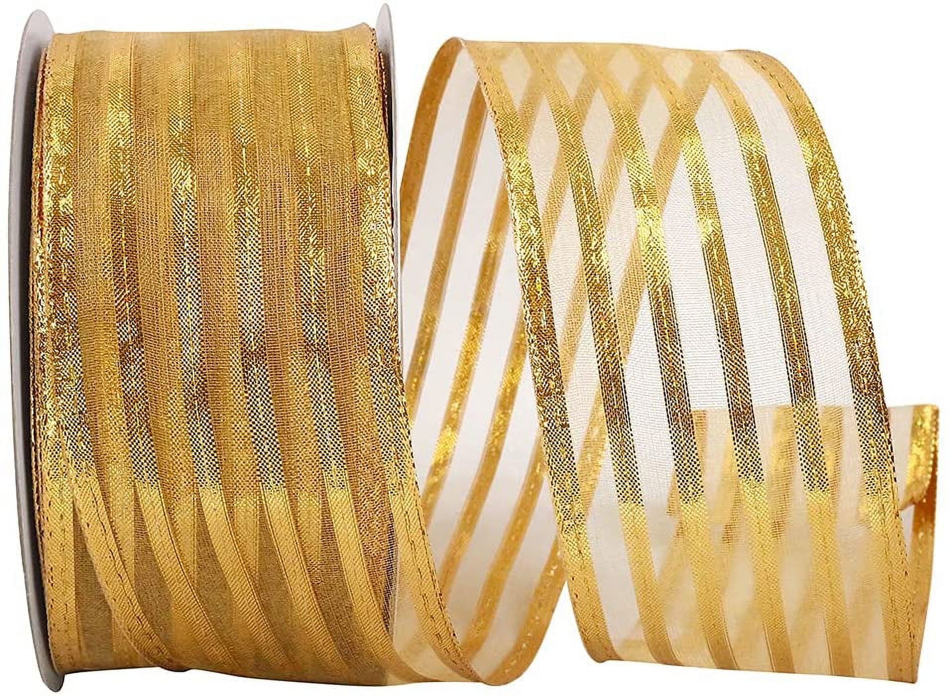 Metallic Gold Striped Christmas Ribbon - 2 1/2" x 10 Yards, Wired Edge ...