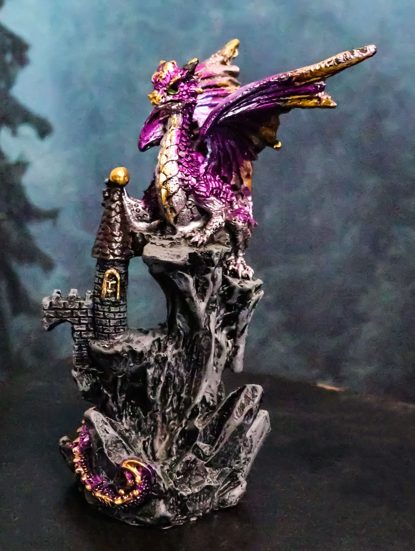 Metallic Golden Purple Dragon Guarding Castle Tower On Mountain Cliff ...