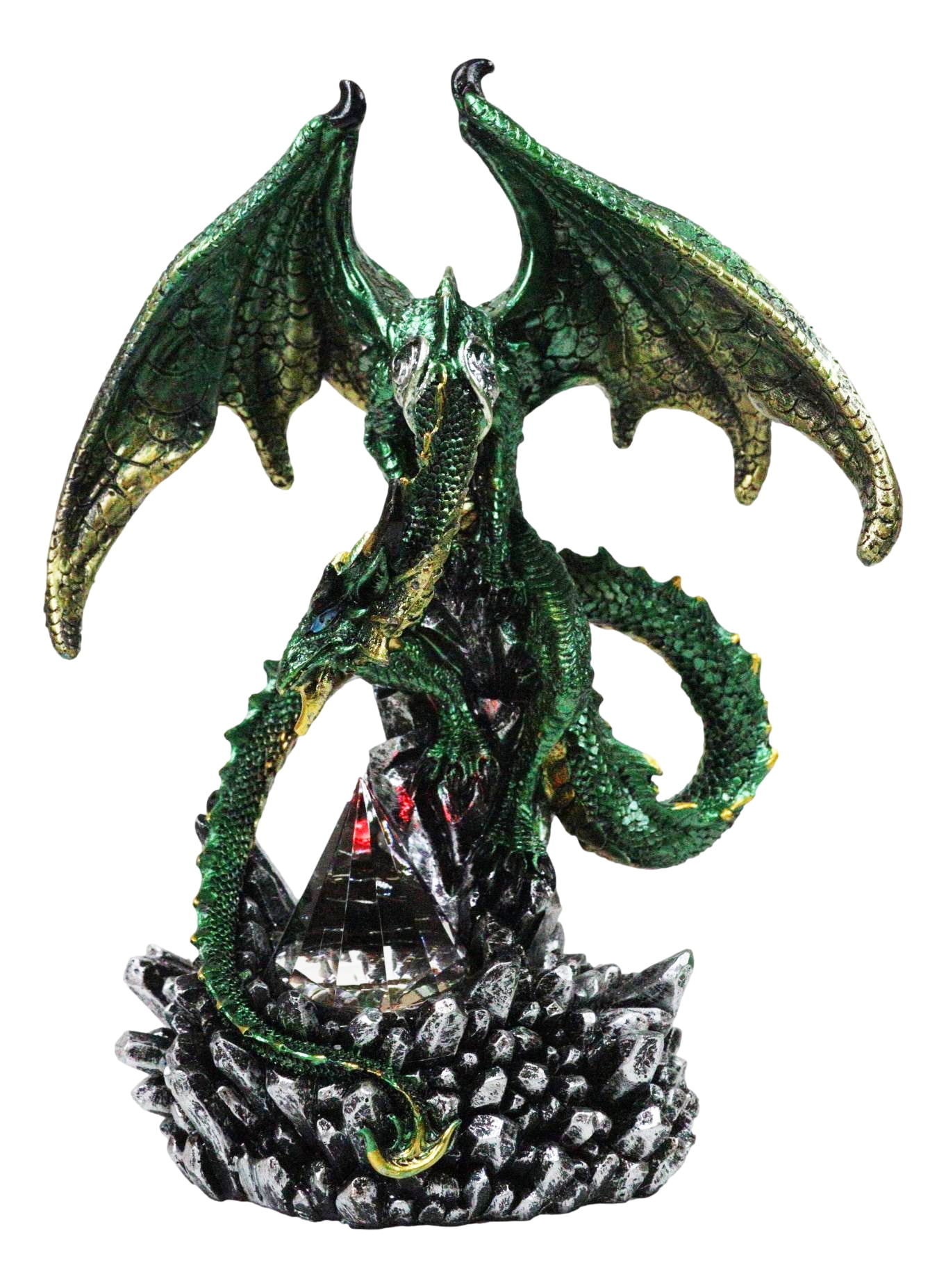 Metallic Green and Gold Rune Dragon Guarding Glass Prism Crystals ...