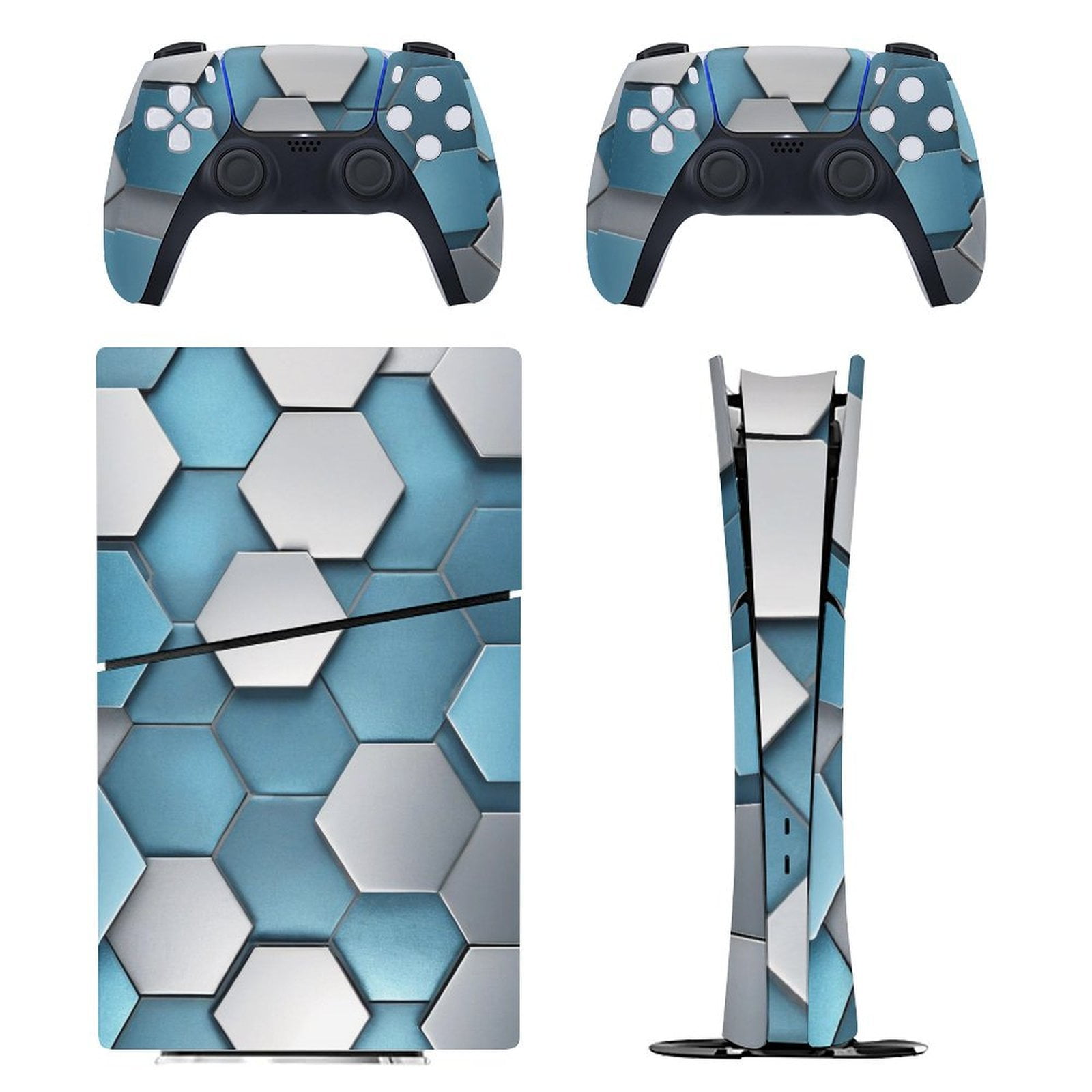 Metallic Hexagonal Blue Silver Console Skin Bundle for PS5 Pro Slim ...