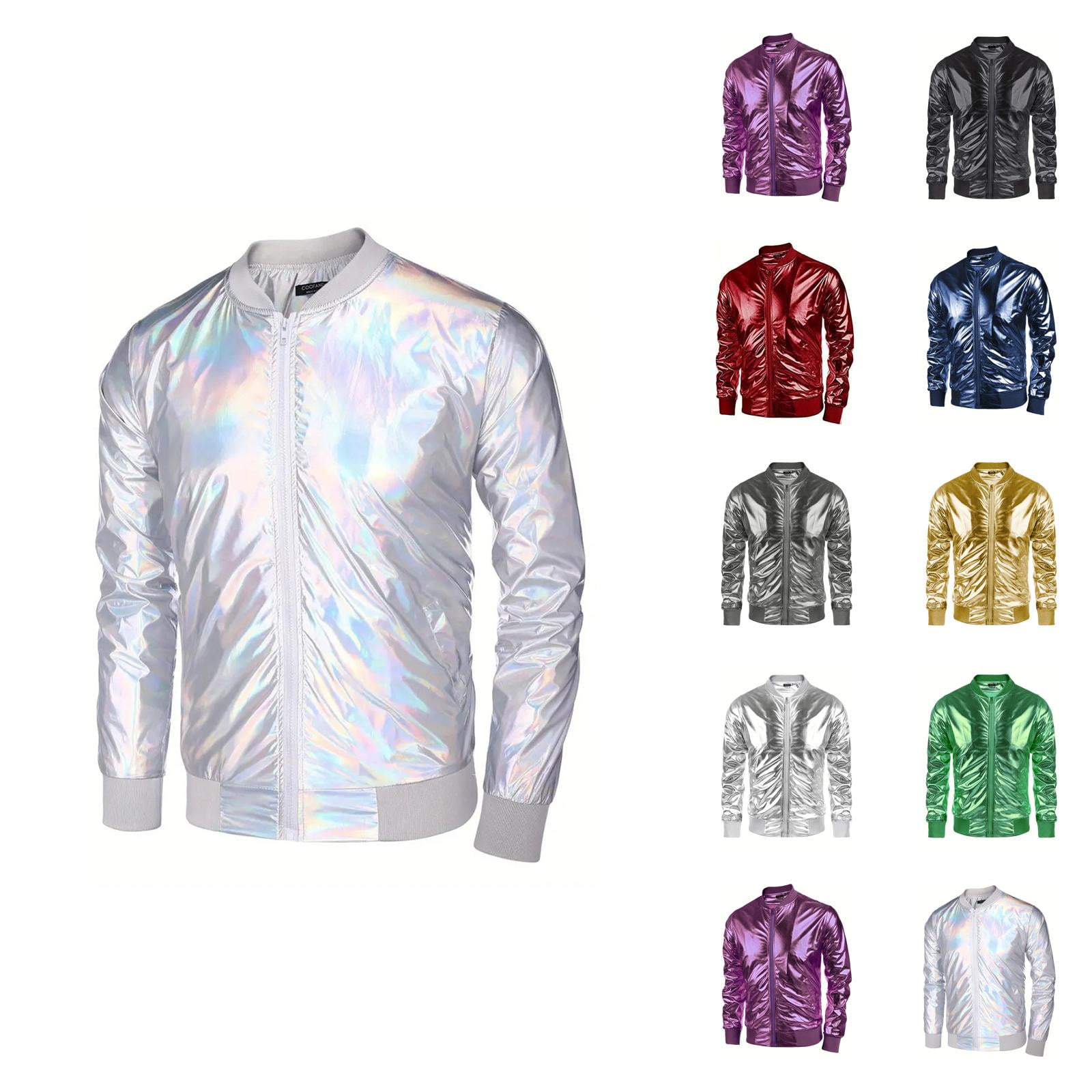 Metallic Jacket for Men 70s Disco Party Varsity Jacket Zip Up Baseball ...