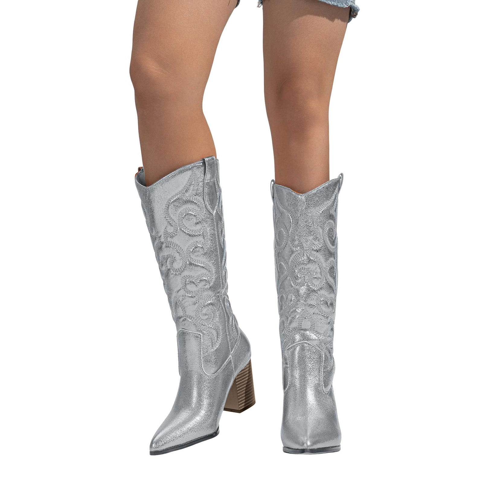 Metallic Knee High Cowboy Boots for Women Fashion Glitter Leather ...