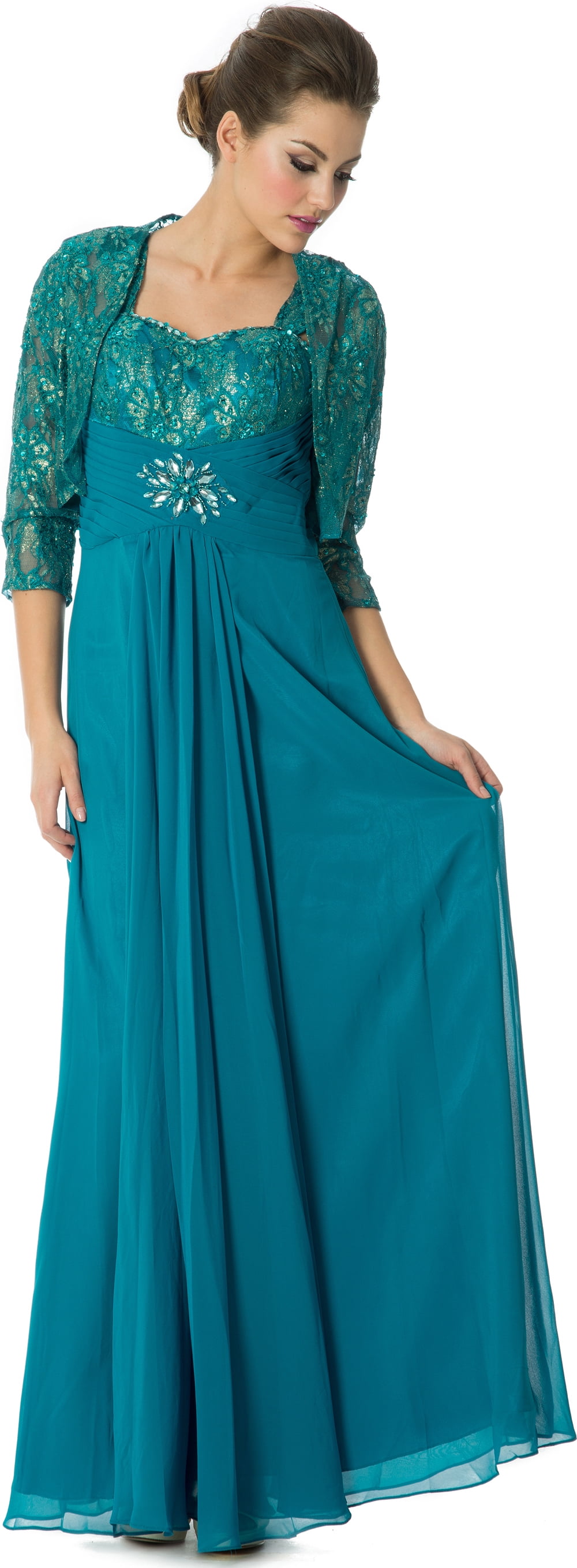 Metallic Lace Empire Mother Of The Bride Dress with Bolero (Small, Teal ...