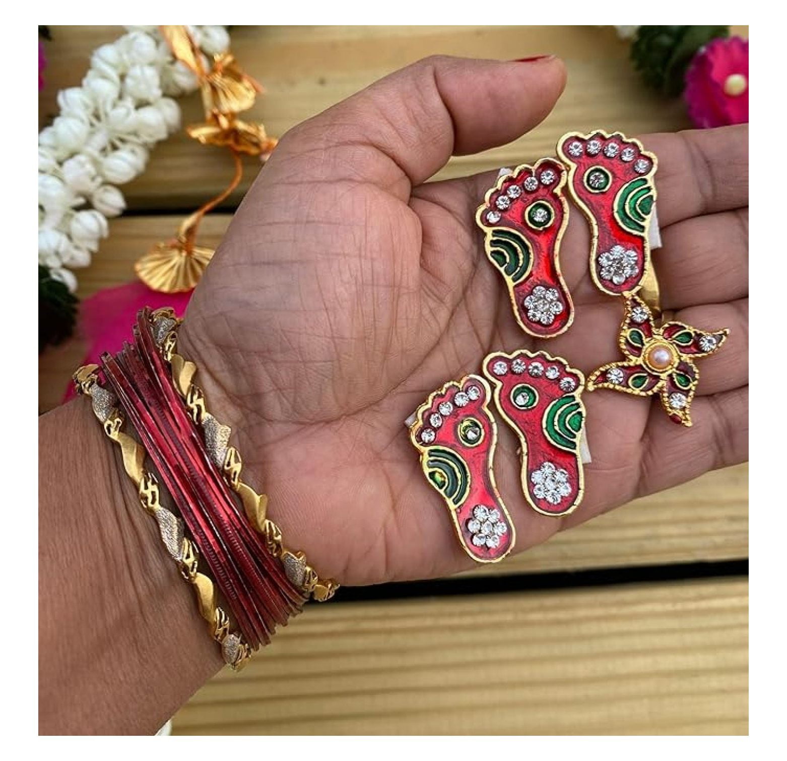 Metallic Lakshmi Charan Paduka 2 Pairs Feet with 1 Swastik Laxmi ...