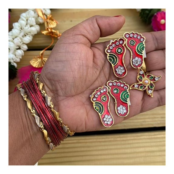 Metallic Lakshmi Charan Paduka 2 Pairs Feet with 1 Swastik Laxmi ...