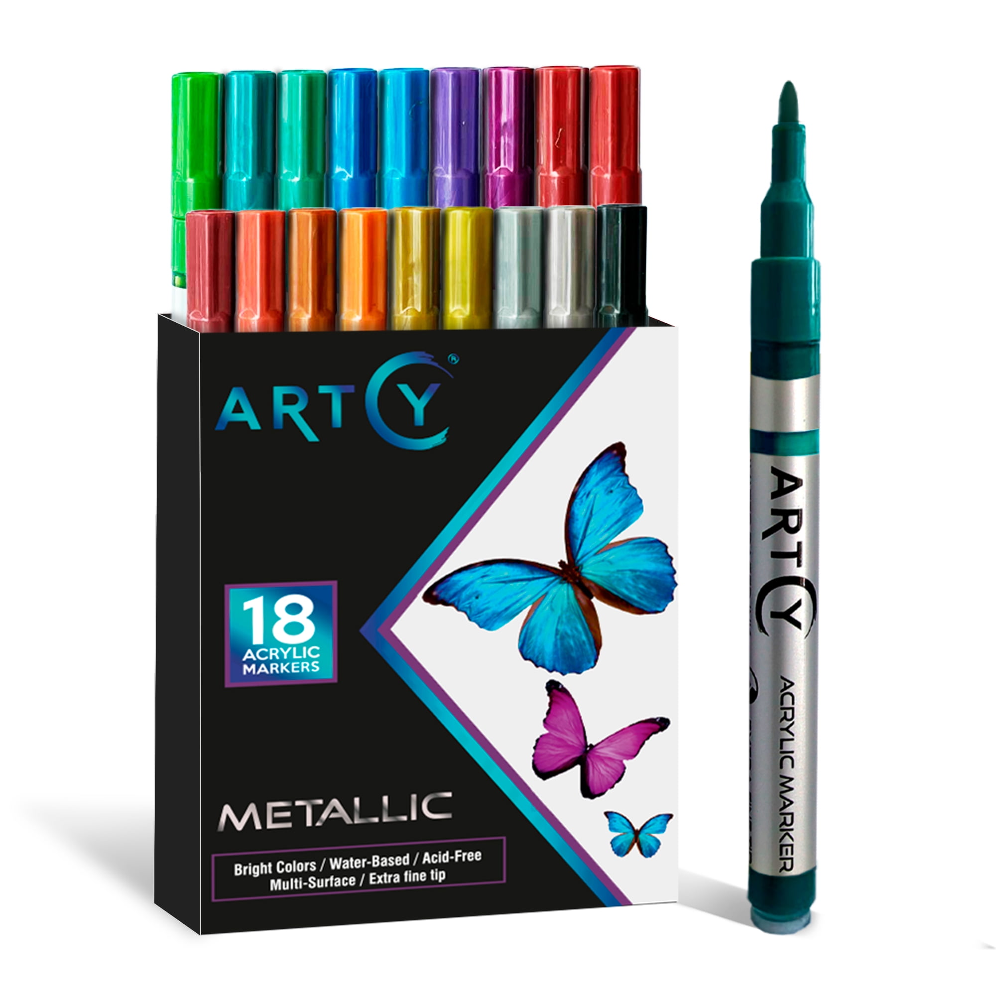 ARTCY Acrylic Paint Markers - 18 Metallic Pens, Extra Fine Tip (0.7mm ...