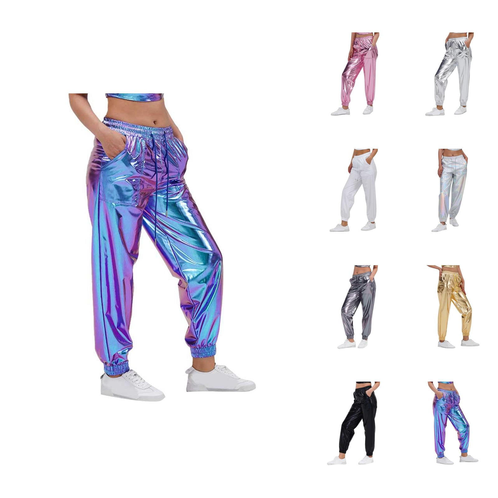 Metallic Pants Women 2026 Trendy Hop Wet Look Holographic Glitter Pants ...