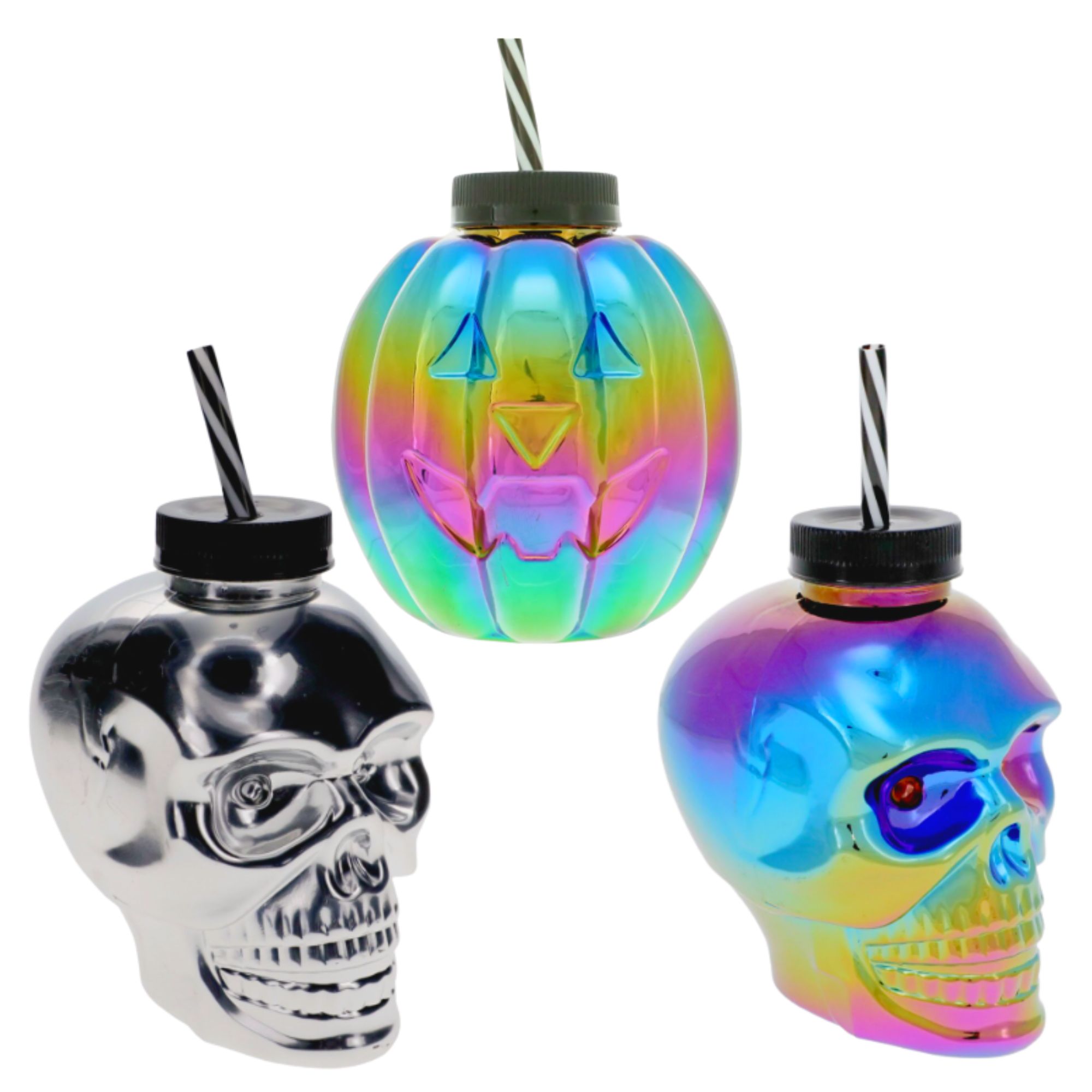Metallic Pumpkin Skull Shaped Drinking Canteens with Straws, 4.625x7x3 ...