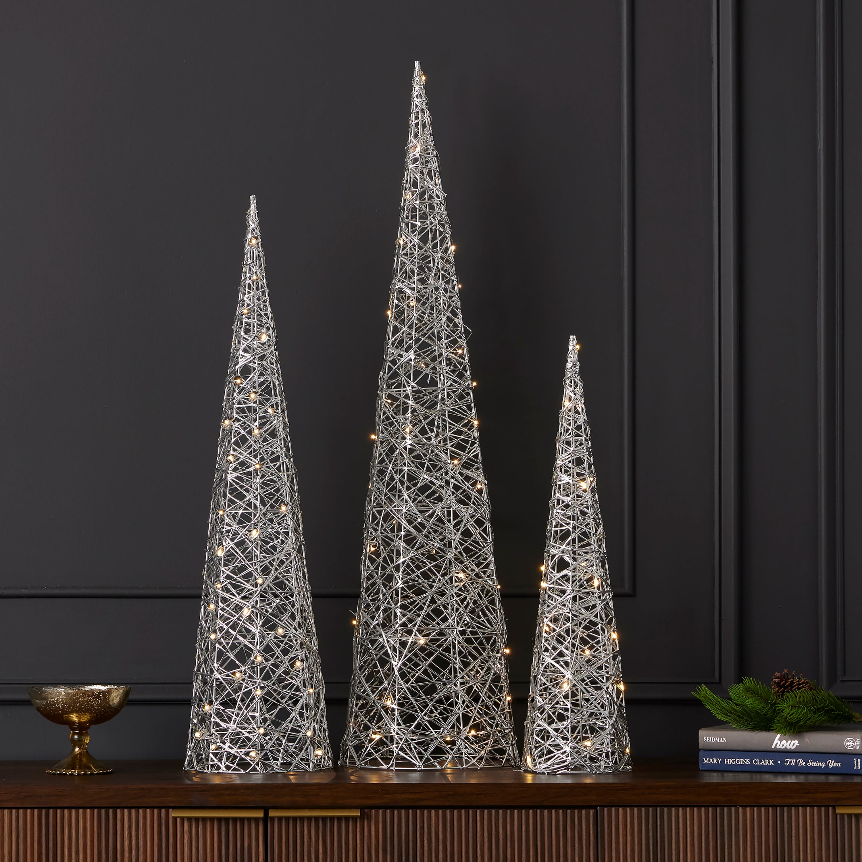 Metallic Silver 3pc Cone Set, Pre-Lit with Warm White LED Lights ...