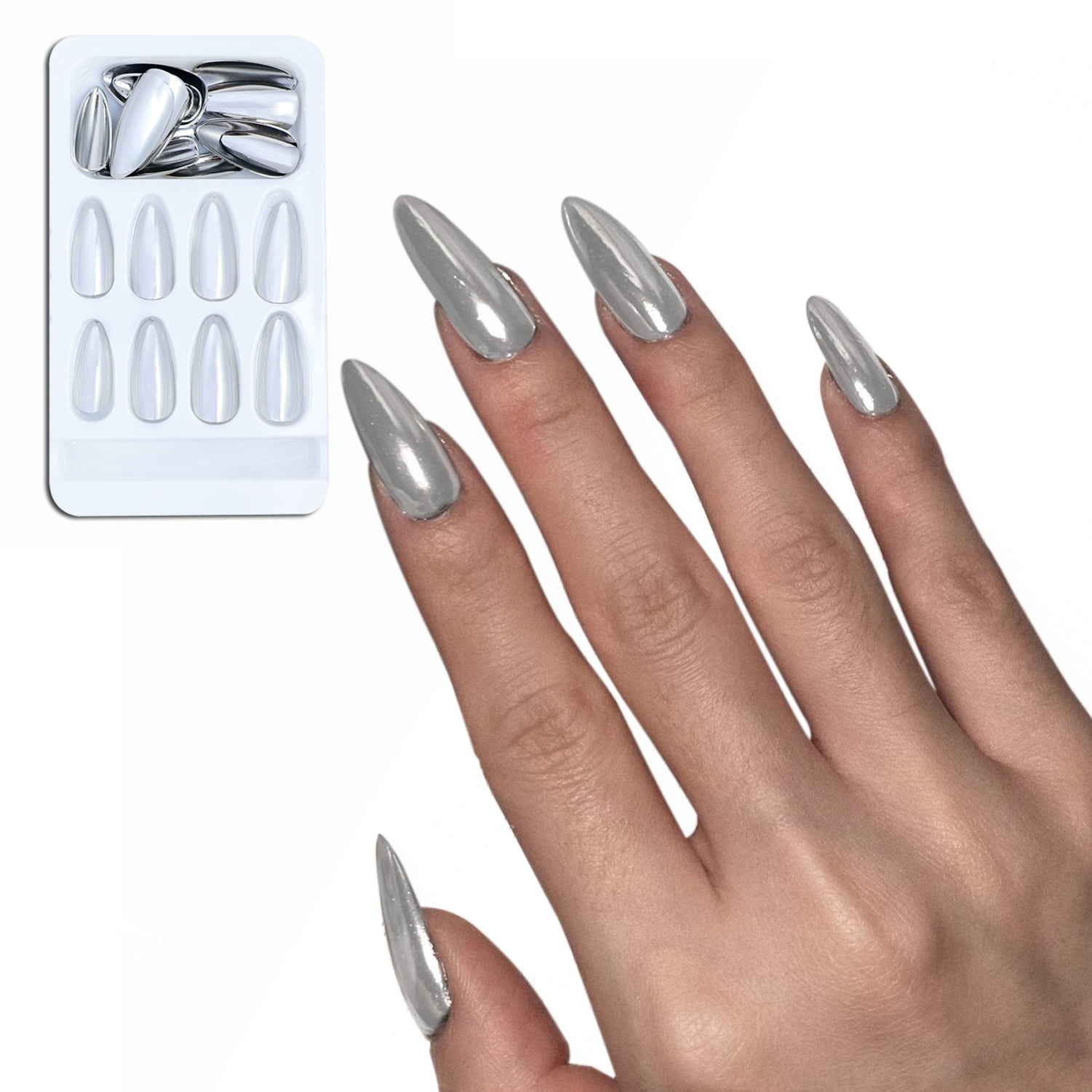 Metallic Silver Press On Nails Long Medium Coffin Silver Fake Nails Red Blue Pink Acrylic Nail ...
