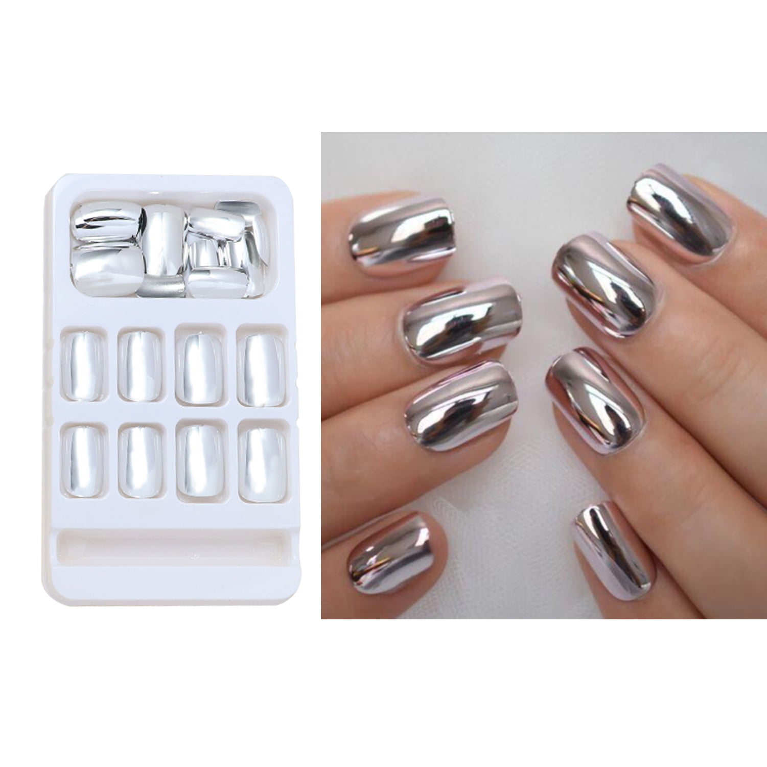 Metallic Silver Press On Nails Short Square Silver Fake Nails Acrylic ...