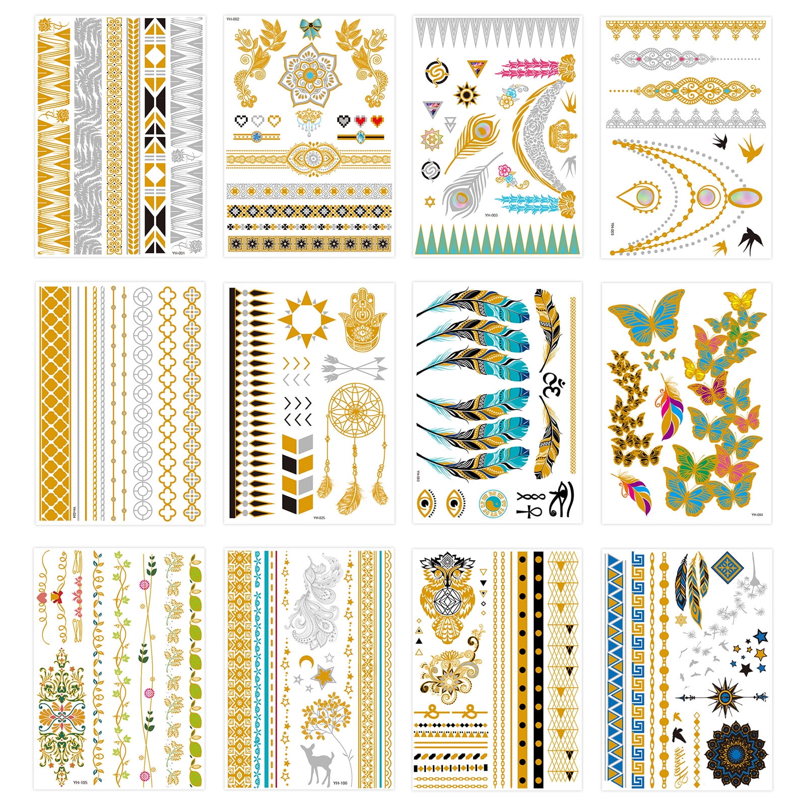 Metallic Temporary Tattoos for Women Teens Girls 12 Sheets Henna ...