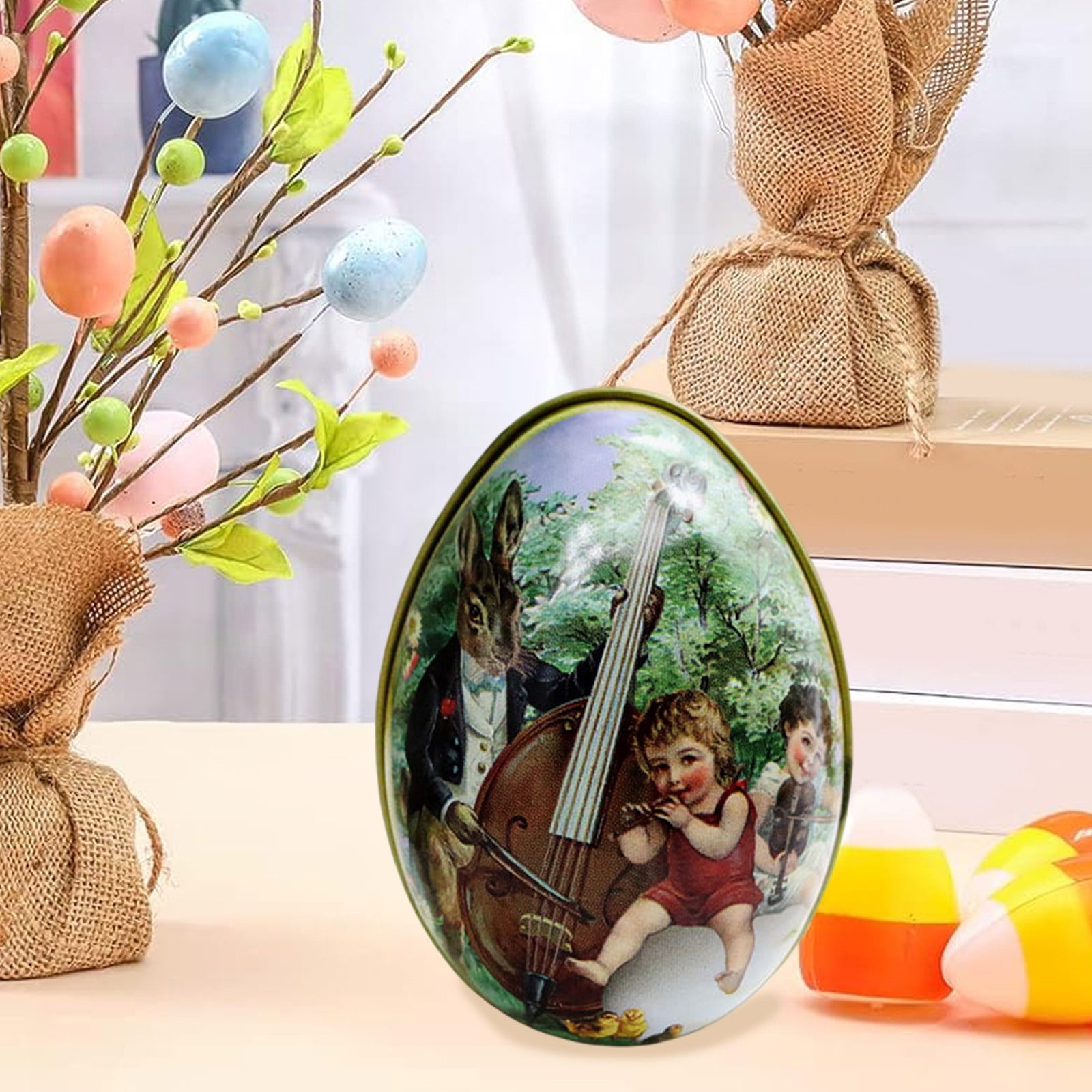 Metallic Tin Easter Egg Container Painted Bunny Eggshell Easter Metal ...