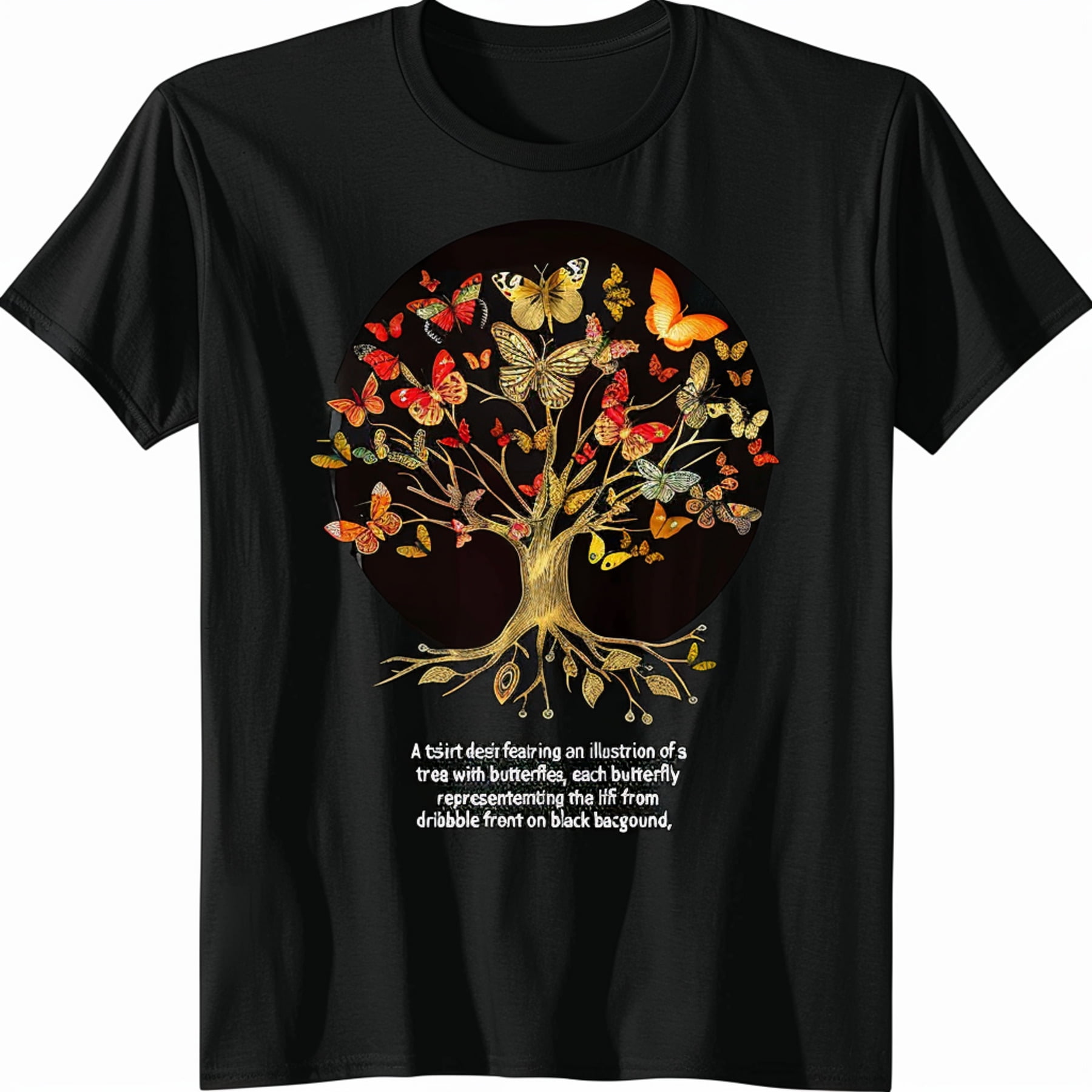 Metamorphosis Magic: Tree & Butterfly Life Cycle Design on Black Tee ...