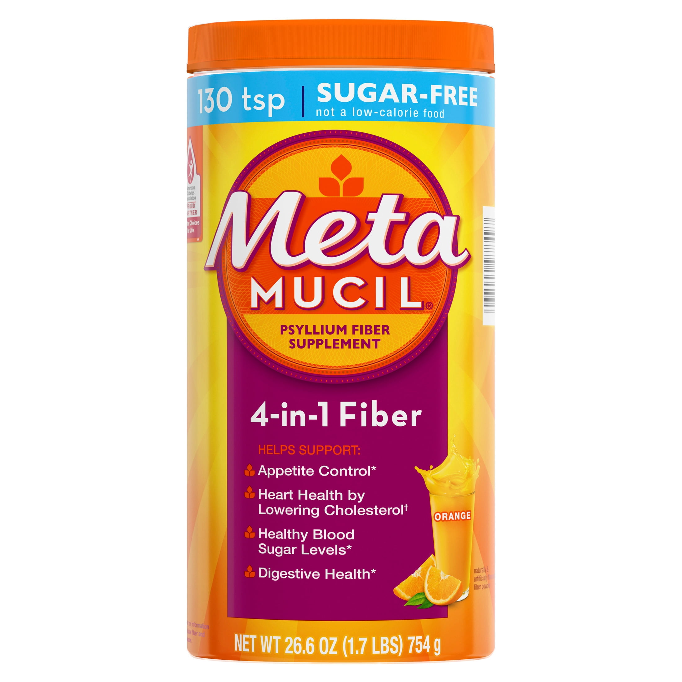 Metamucil GLP-1 Friendly Psyllium Fiber Powder, Sugar-Free, Orange, 130 ...