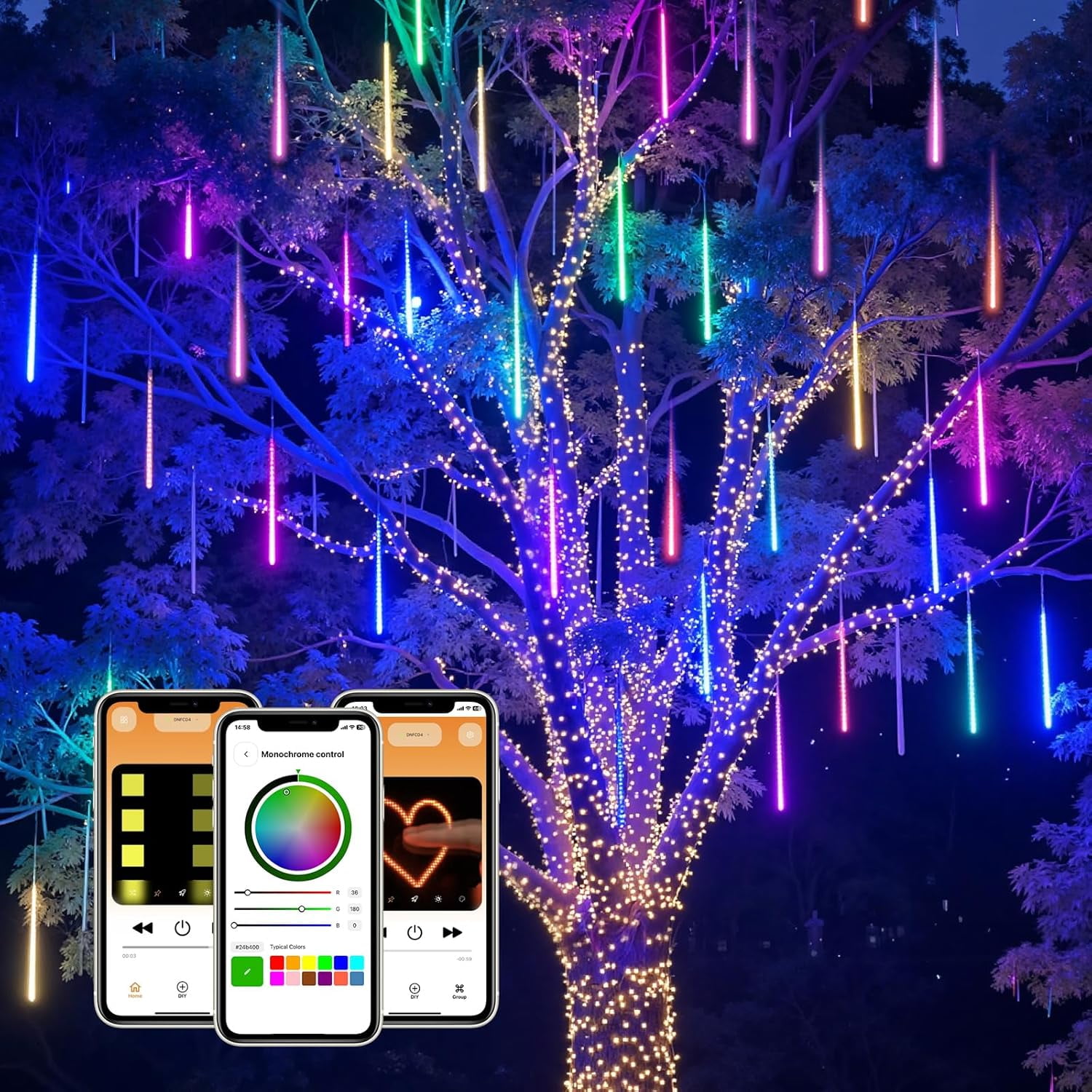 Meteor Shower Rain Lights, 8Tube 128LED 11.48ft Color Changing Icicle ...